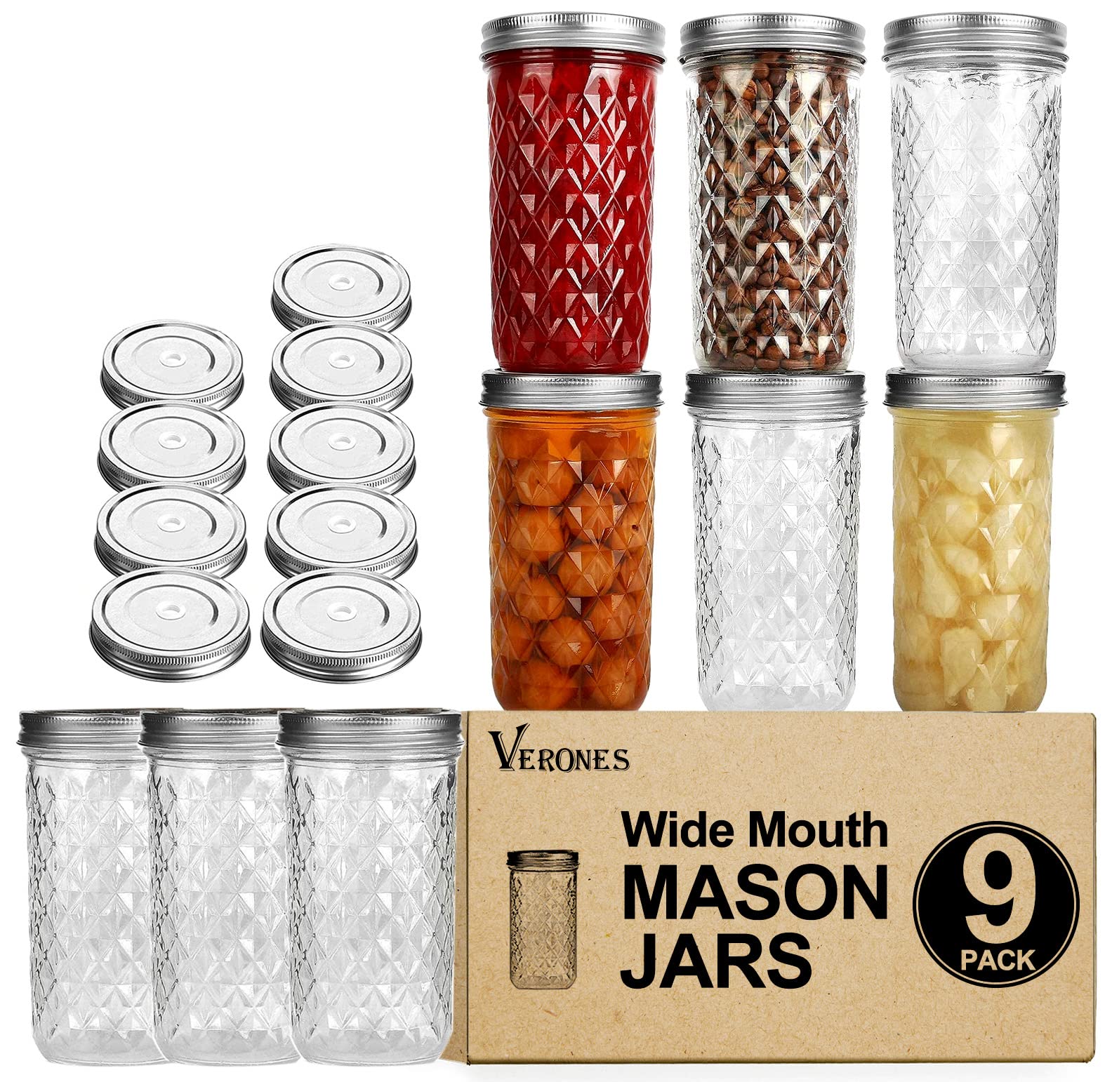VERONES Wide Mouth Mason Jars 16oz, 9 Pack 22 oz Wide Mouth Mason Jars ...