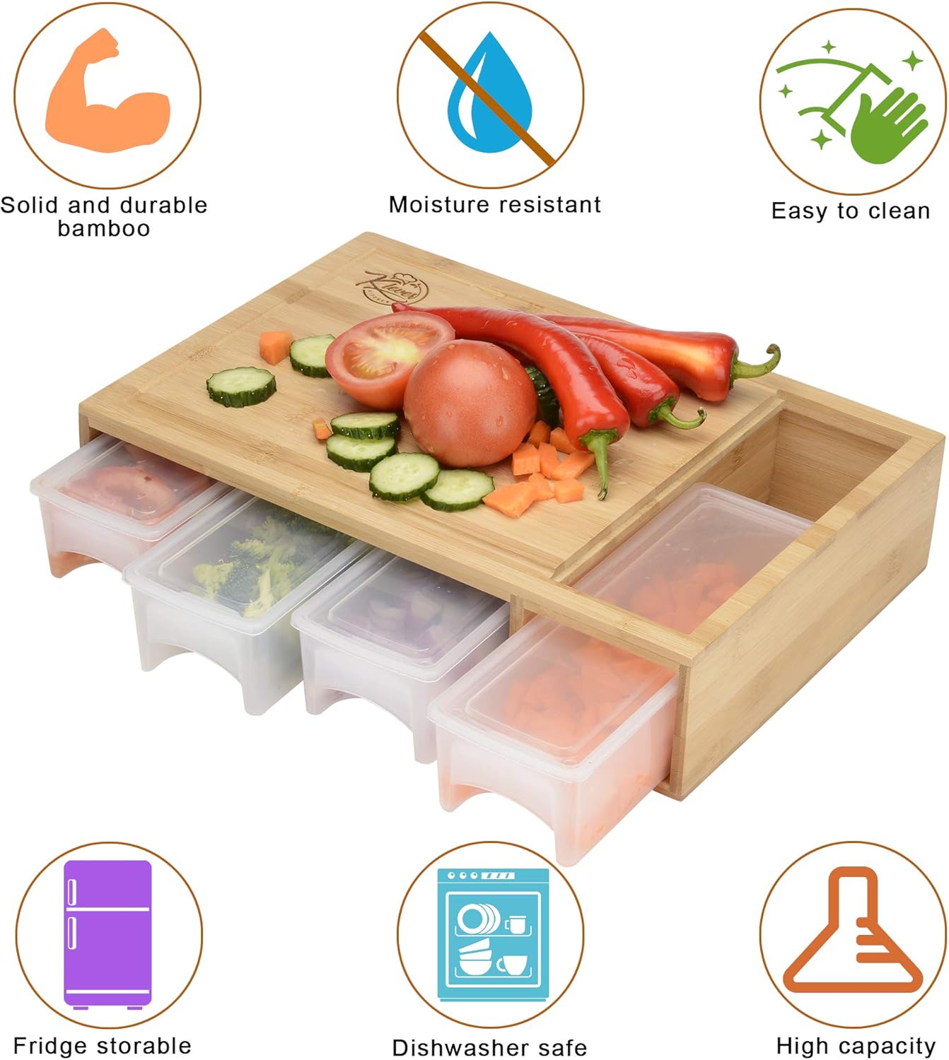 KLEVER KITCHEN Large Bamboo Cutting/Chopping Board with Storage, 4 Dishwasher Safe Containers ...