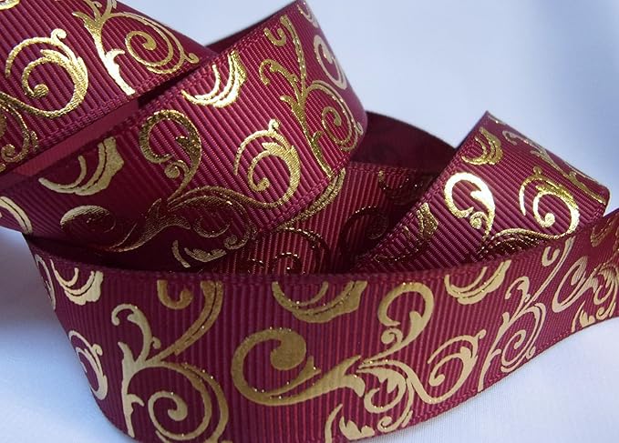 Amazon.com: Grosgrain Ribbon - Burgundy with Gold Swirl - 7/8" Wide, 10 ...