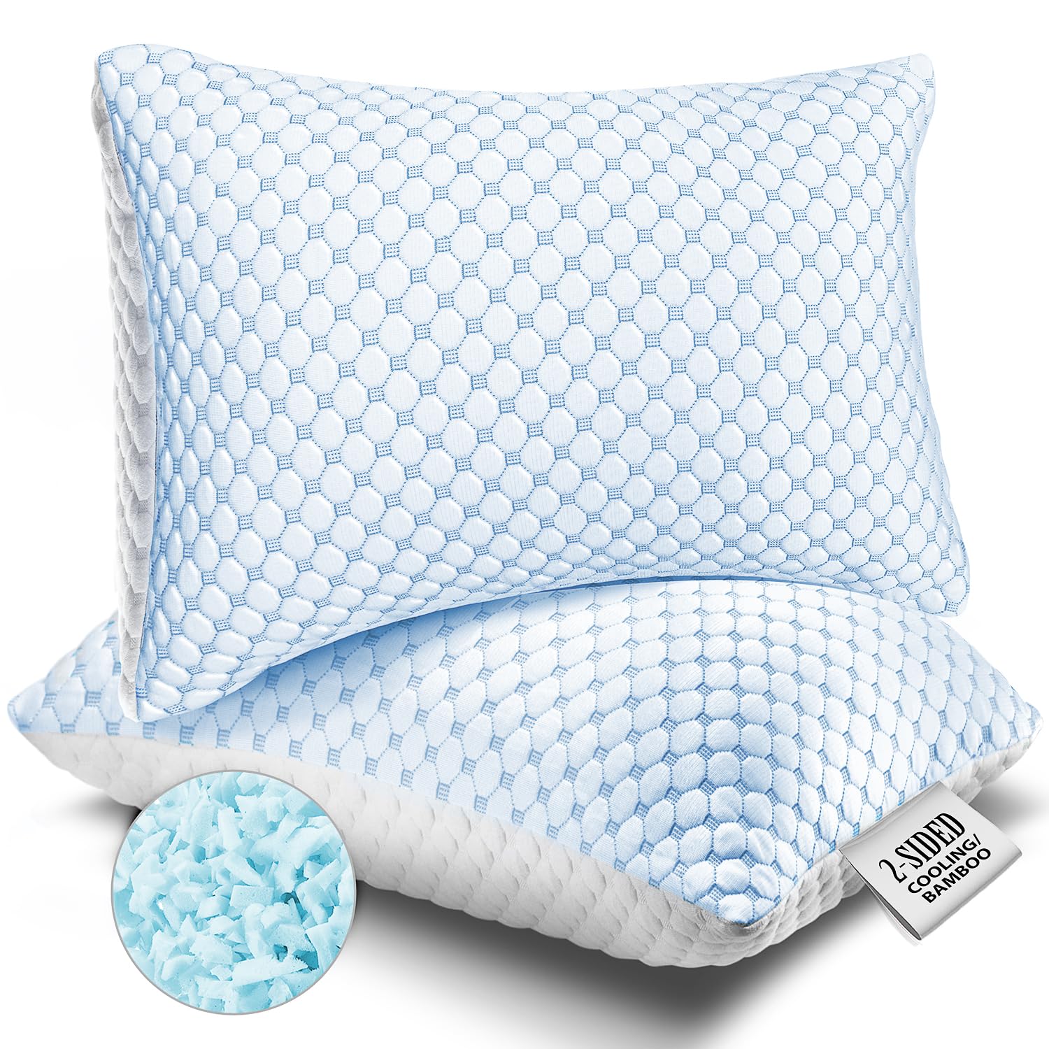 Nestl Cooling Pillows Queen Size Set of 2, Shredded Memory Foam Pillows 2 Pack, Gel Infused Cool ...