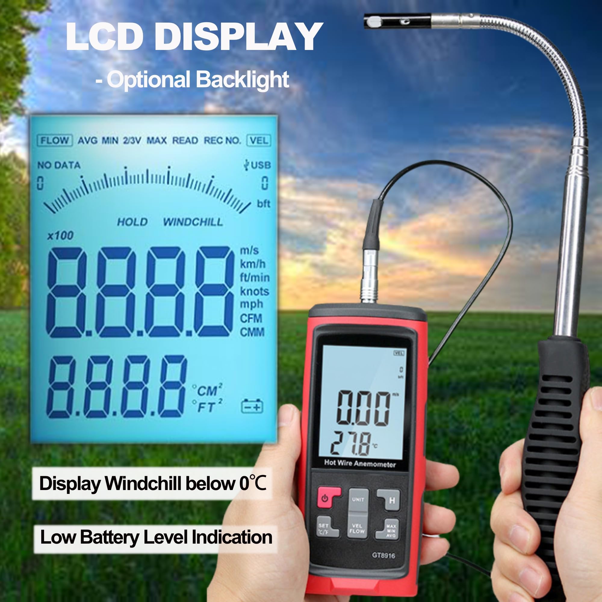 Hot Wire Anemometer, Handheld Air Flow CMF Meter, Rechargeable Air ...