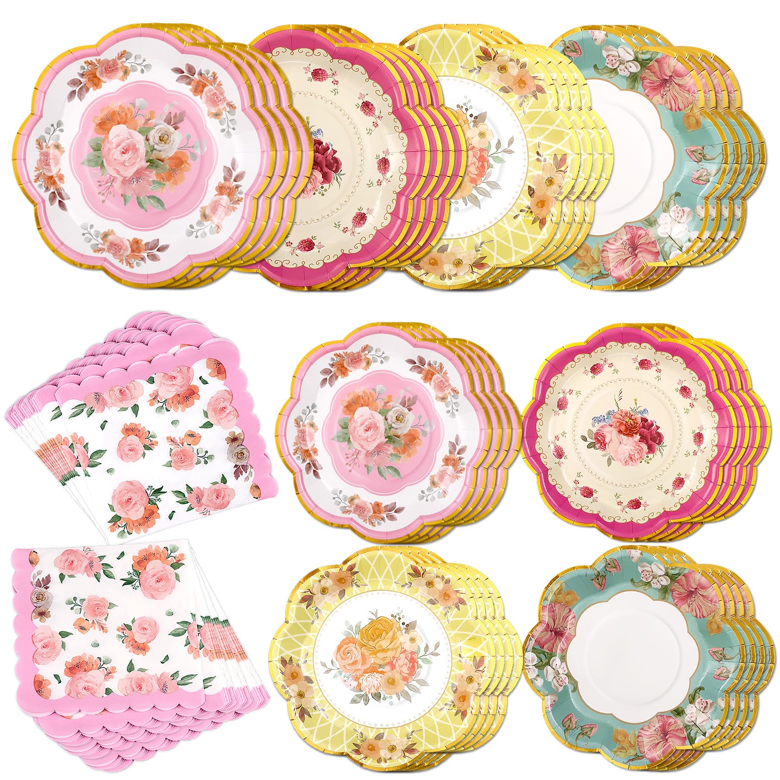 Boocikey Floral Tea Party Decorations,Tea Party Plates and Napkins Sets ...