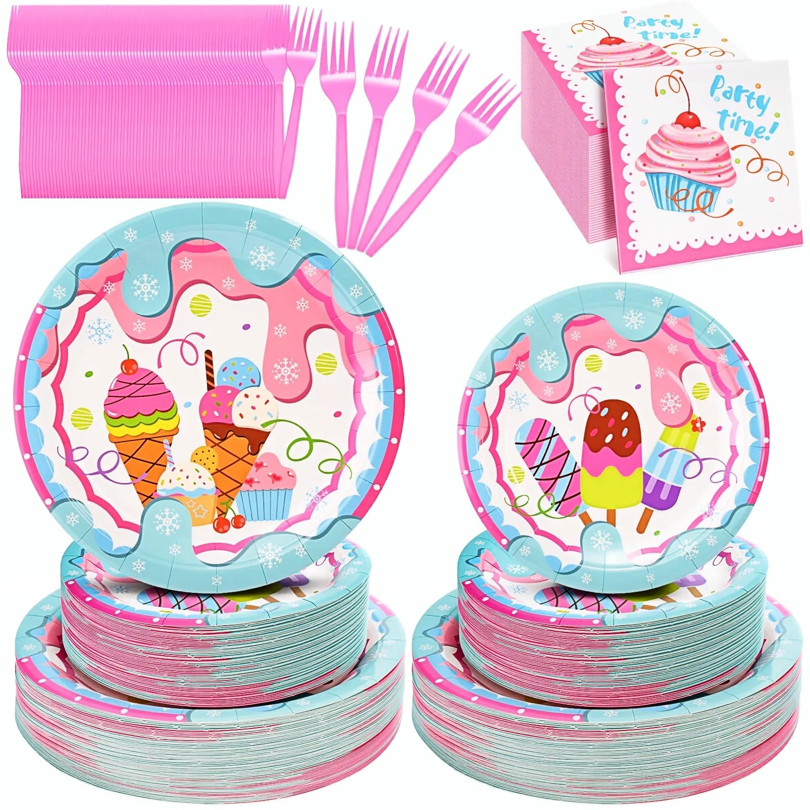 YIMITEE 200 Pack Ice Cream Plates Napkins Fork Set, Disposable Birthday ...
