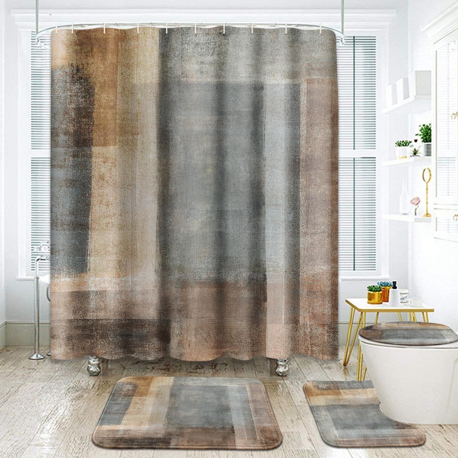 ArtSocket Beige Grey Abstract Bathroom Set with Shower Curtain and Rugs ...