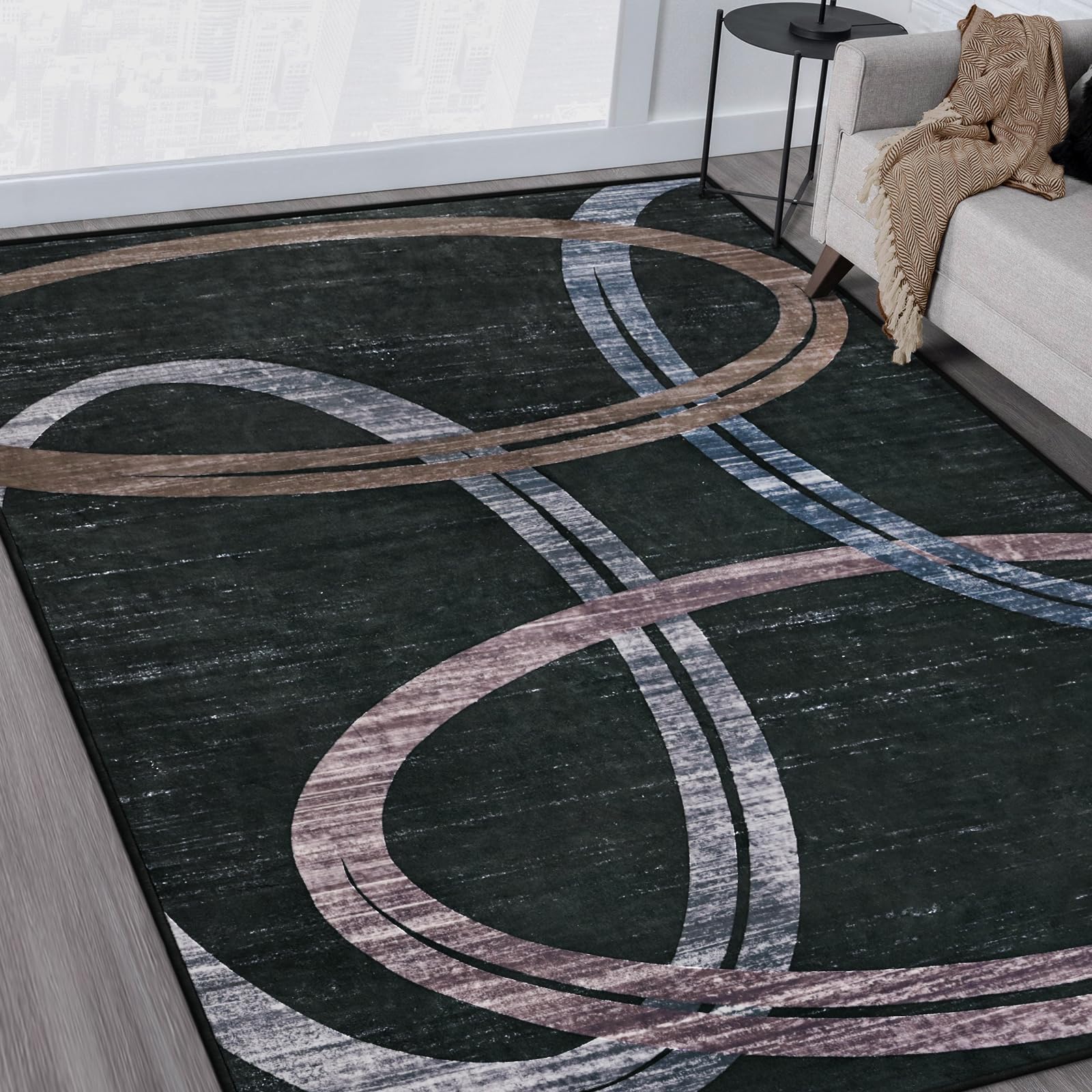 Lascpt Modern Wavy Oval Design 8x10 Area Rug, Abstract Black and White ...