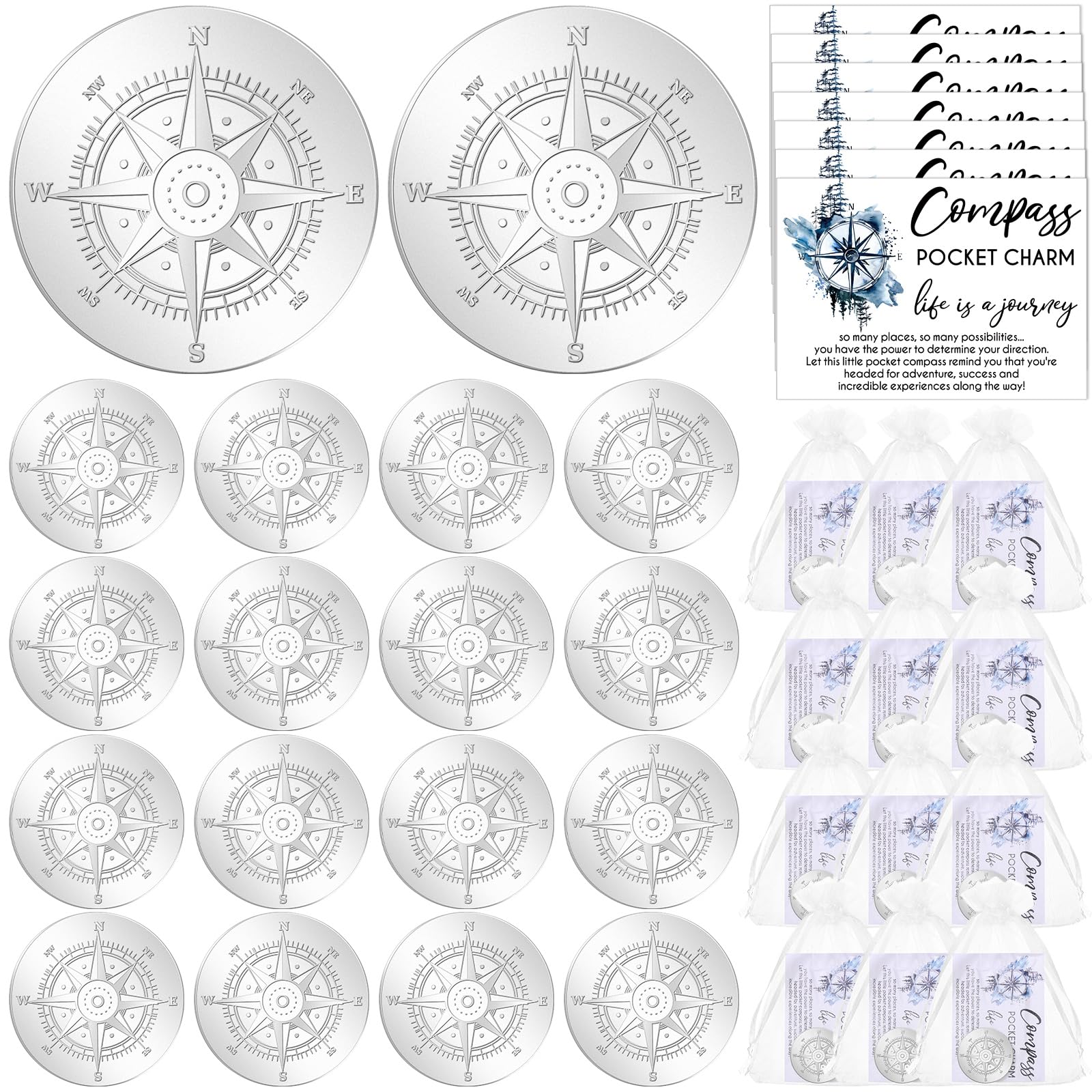 Beeveer 50 Sets Compass Pocket Tokens with Cards and Organza Bags ...