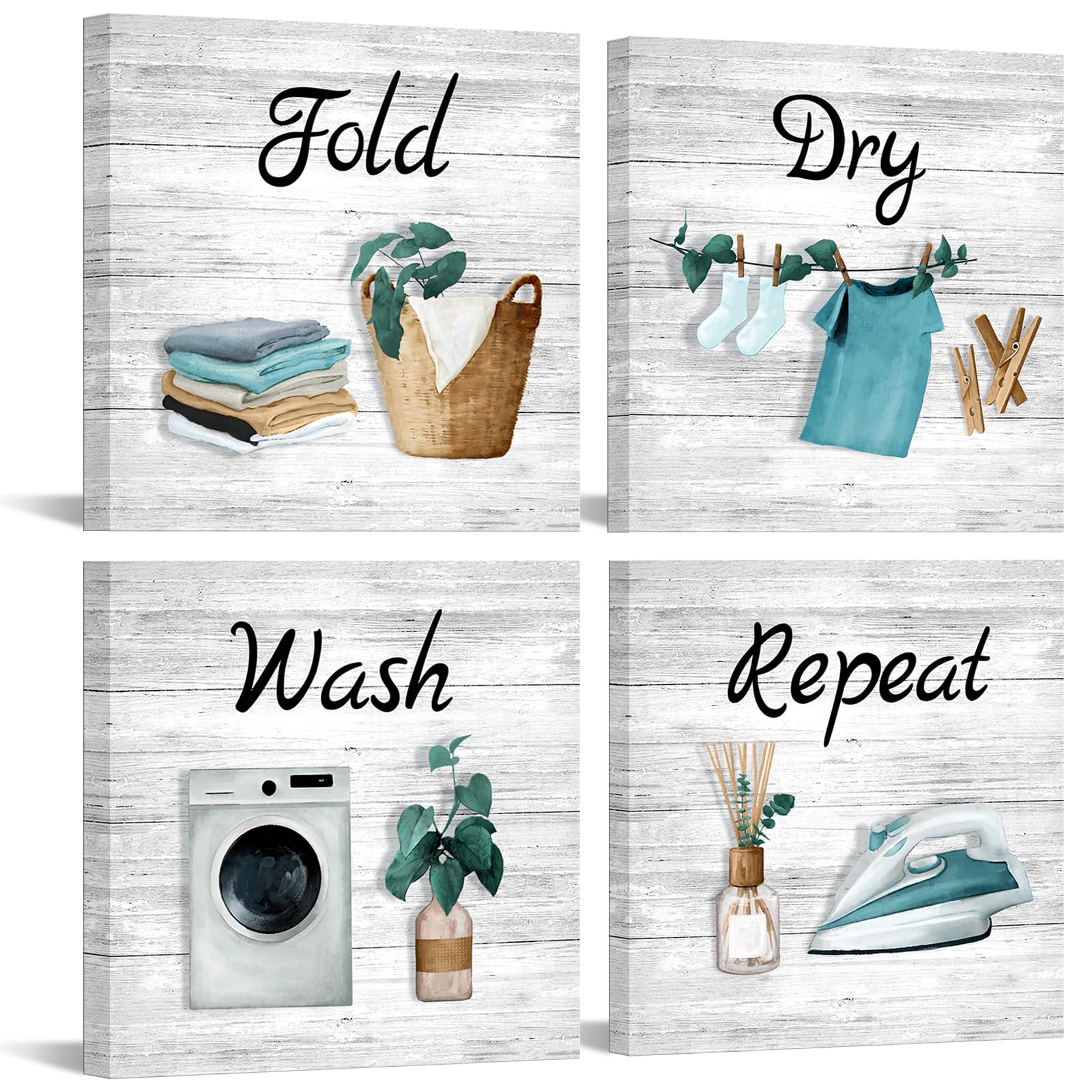 Laundry Room Wall Art Decor Wash Dry Fold Repeat Signs 4 Piece ...