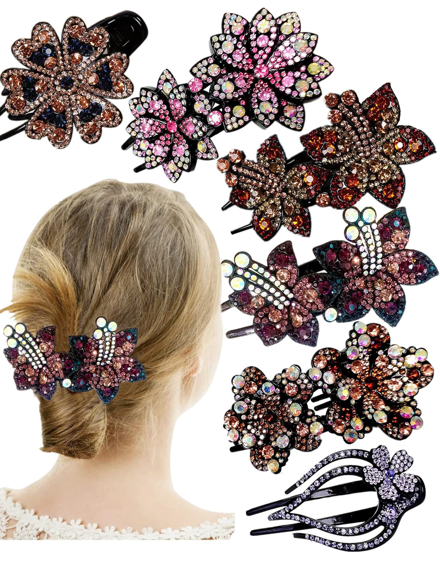 LJC-20 Hair Clip, 6 Pcs Double Flower Rhinestone Hair Clip, Elegant ...