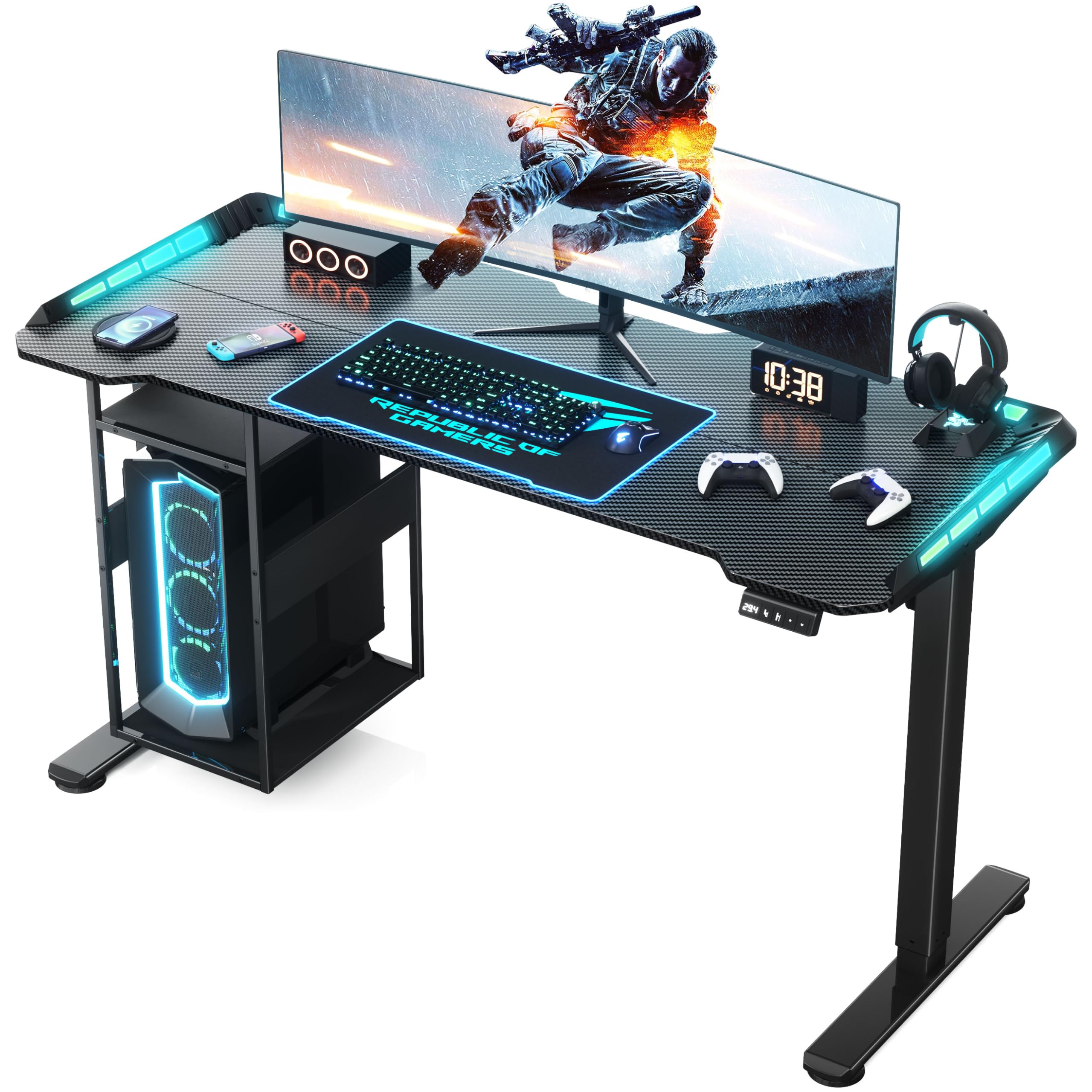 Gaming Desk with LED Lights & Host Shelf, 55" x 24" Gaming Table with ...