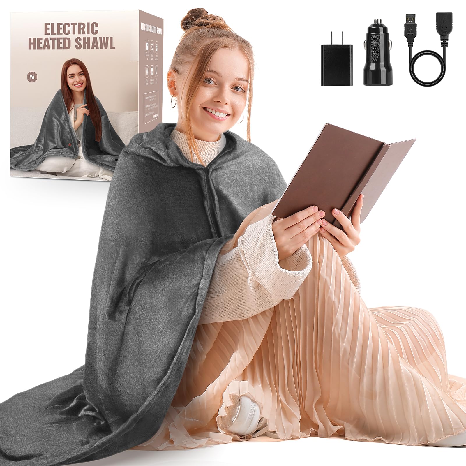 Qfun Portable USB Heated Blanket Shawl - Wearable Cordless Electric ...