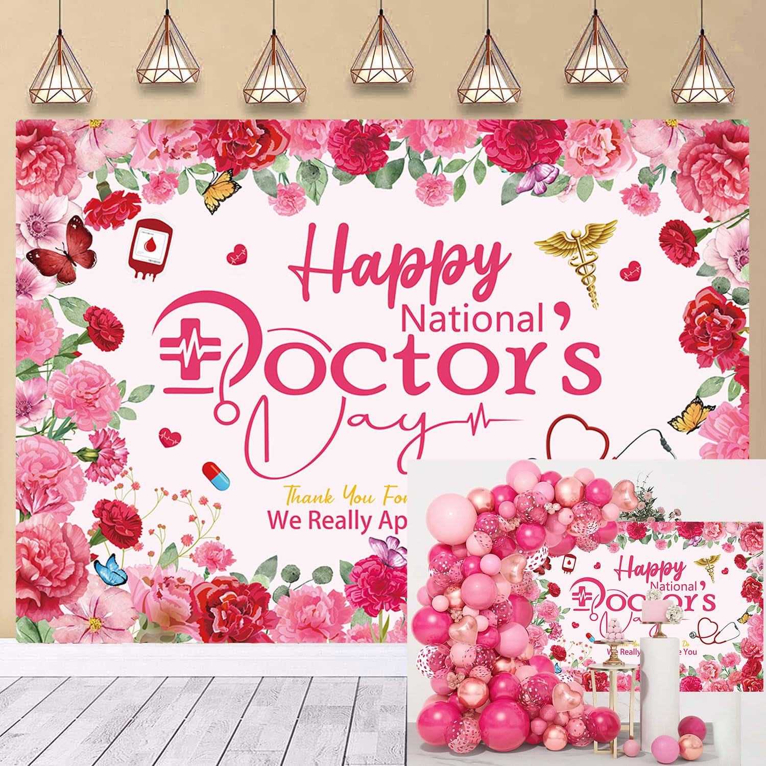 Happy Doctors Day Backdrop Decorations Pink Carnation Flowers Medical ...