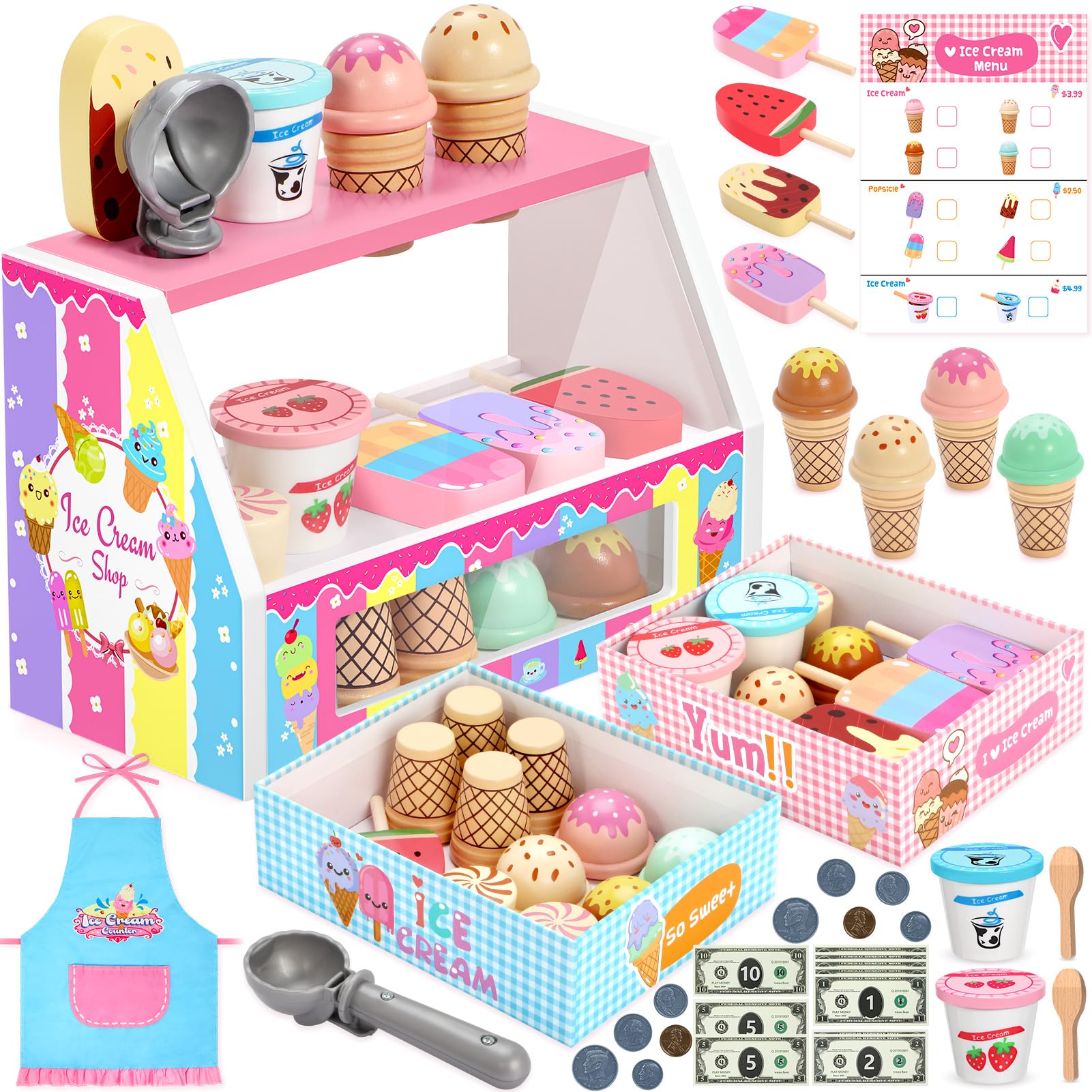 INNOCHEER Ice Cream Toy, Wooden Ice Cream Play Set, Pretend Play ...