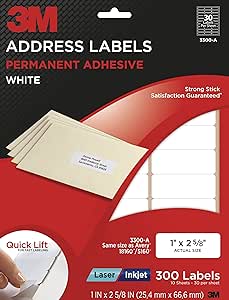 Amazon.com : 3M Address Labels, White, 1 Inch x 2 5/8-inch, 10 Sheets ...