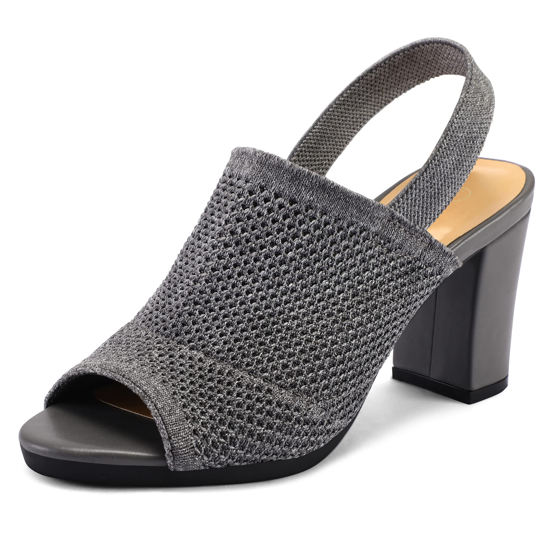 mysoft Women's Knit Chunky Block High Heels Elastic Slingback Open Toe ...