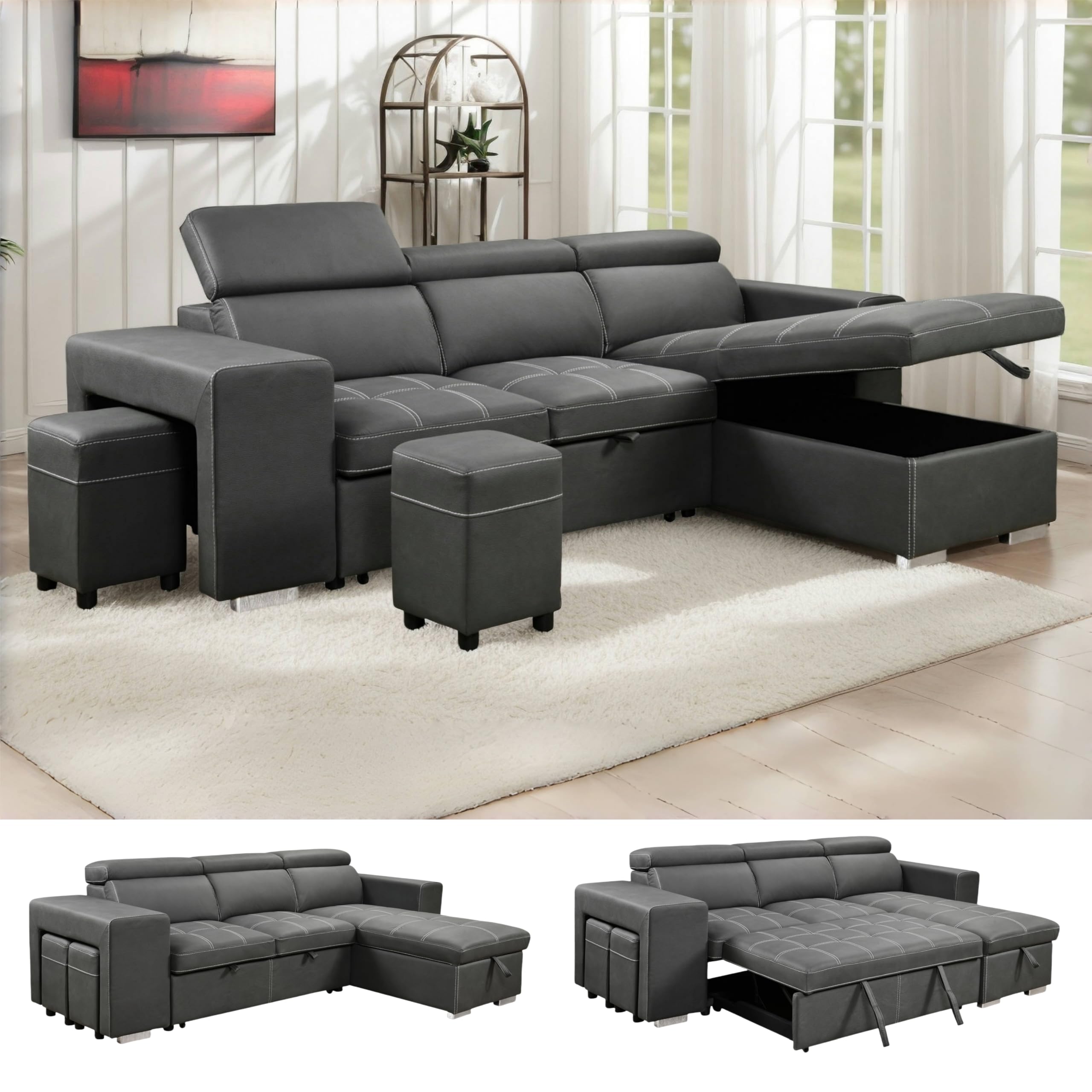 THSUPER 102'' Microfiber L Shaped Sectional Sleeper Sofa Couch with ...