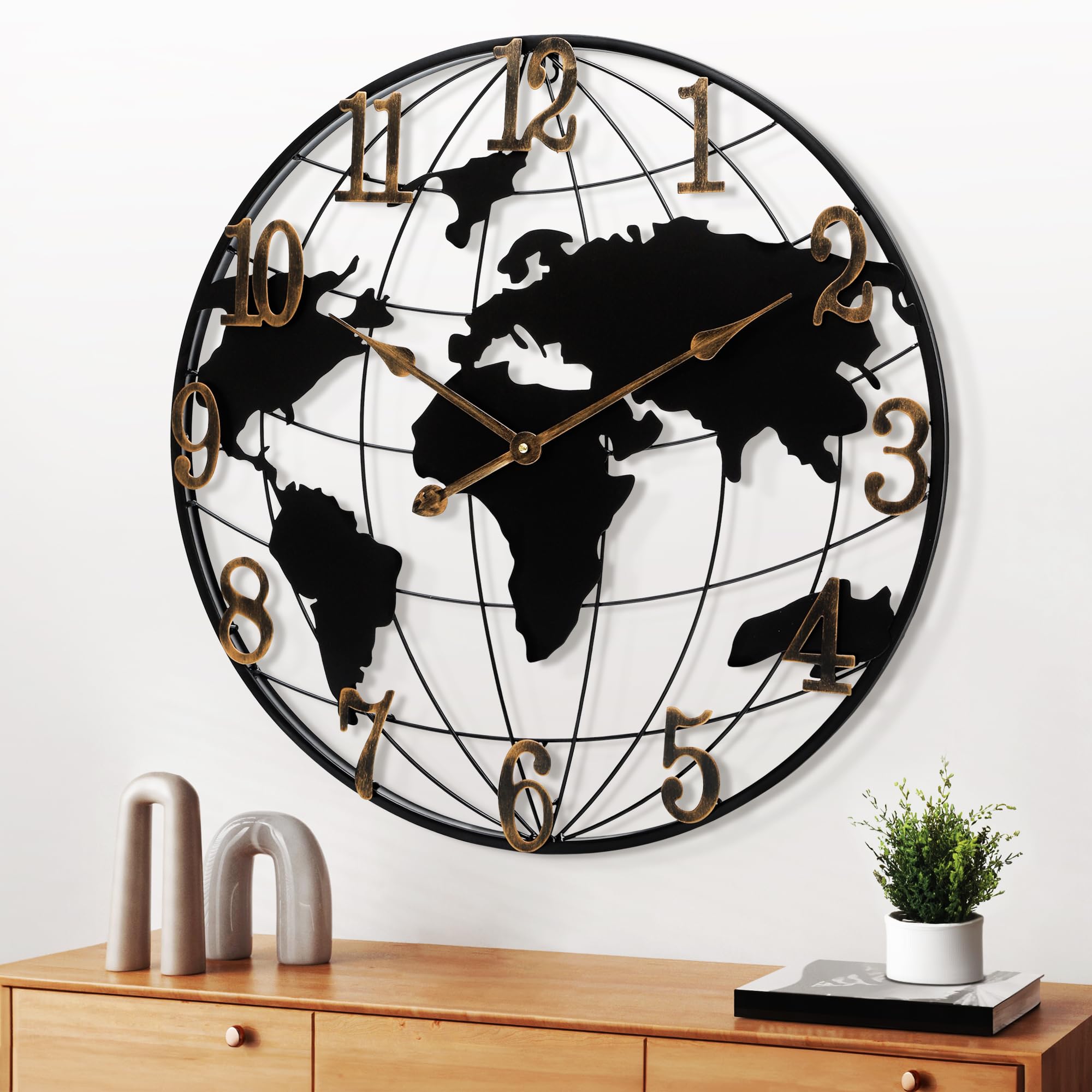 Maxstar Large World Map Wall Clock, Metal Minimalist Modern,Round ...