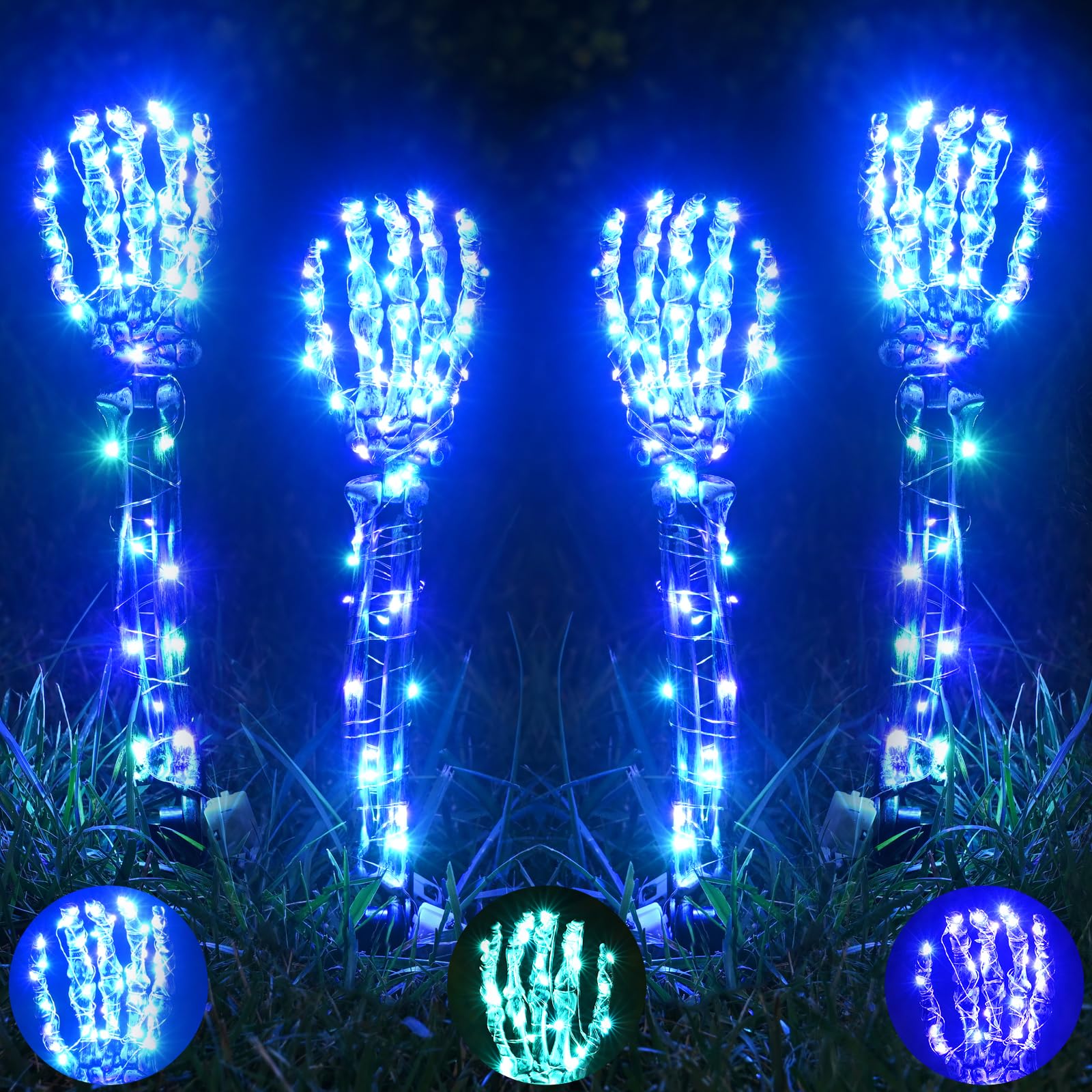 Halloween Lighted Skeleton Hands Set, Sinranac 4 Pack Light Up Skeleton ...