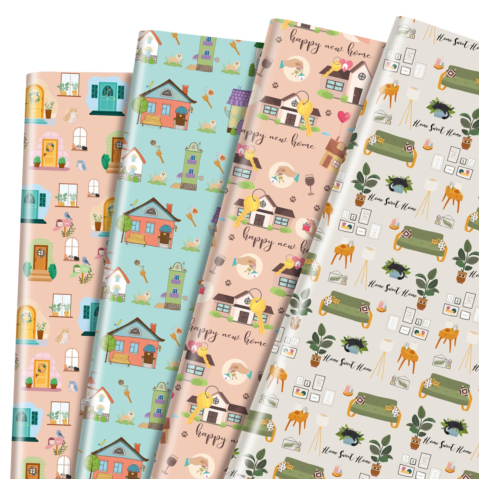 12 Sheets Happy New Home Wrapping Papers with Cat Dog, Warm House Gift ...