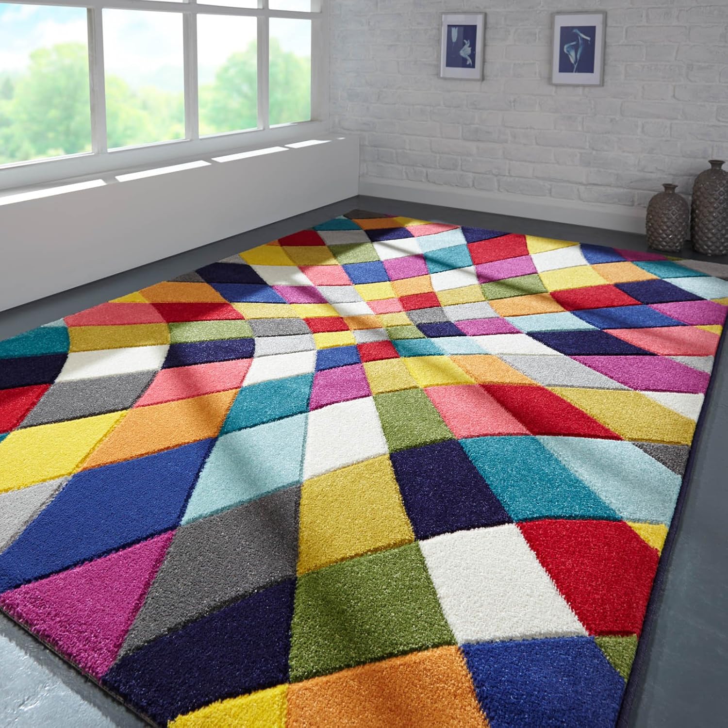 Spectrum Quality Handcarved Geometric Design Rainbow Multi Coloured Rug ...