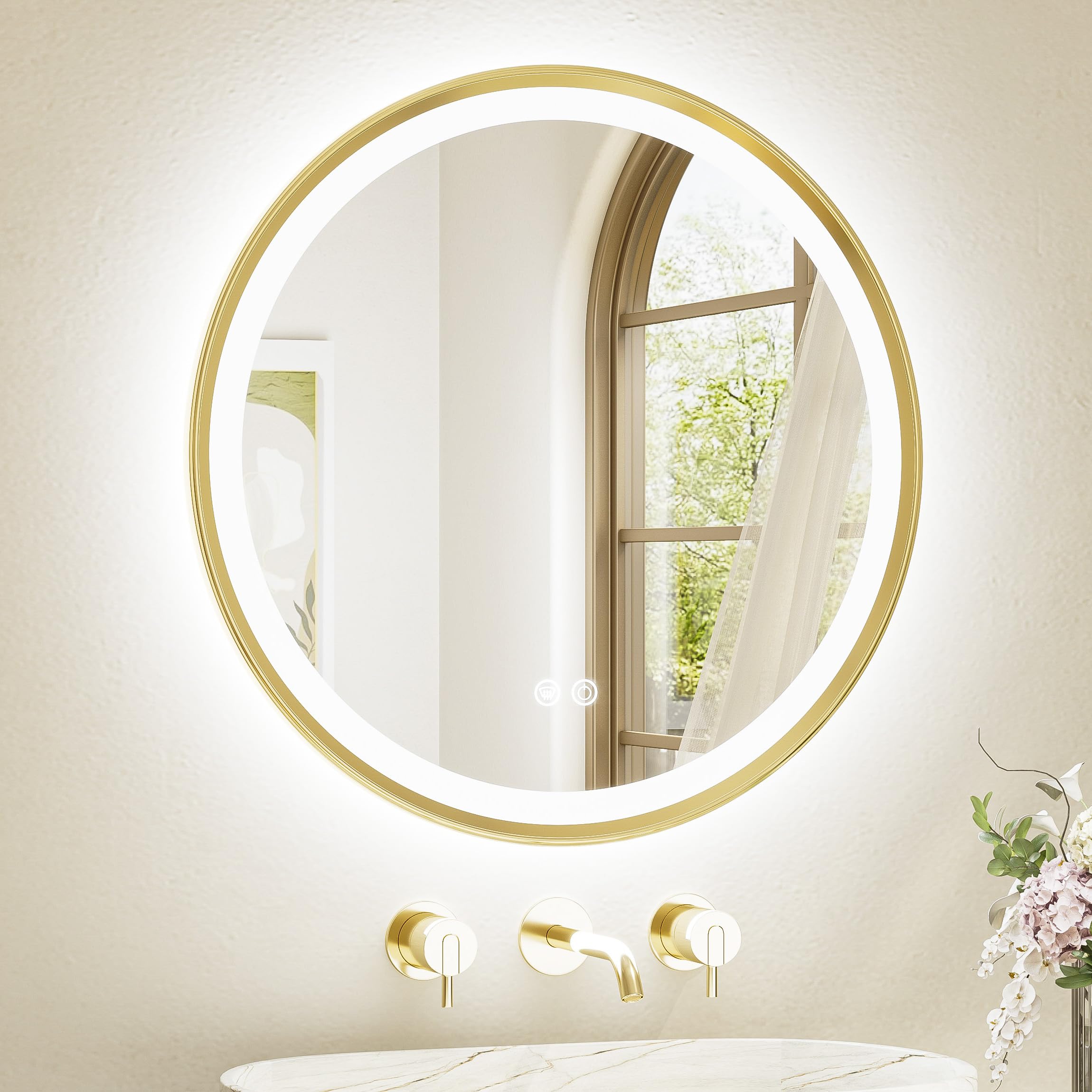 TETOTE Gold Round Led Mirror with Lights 24 Inch Metal Framed Round Circle Lighted Bathroom ...