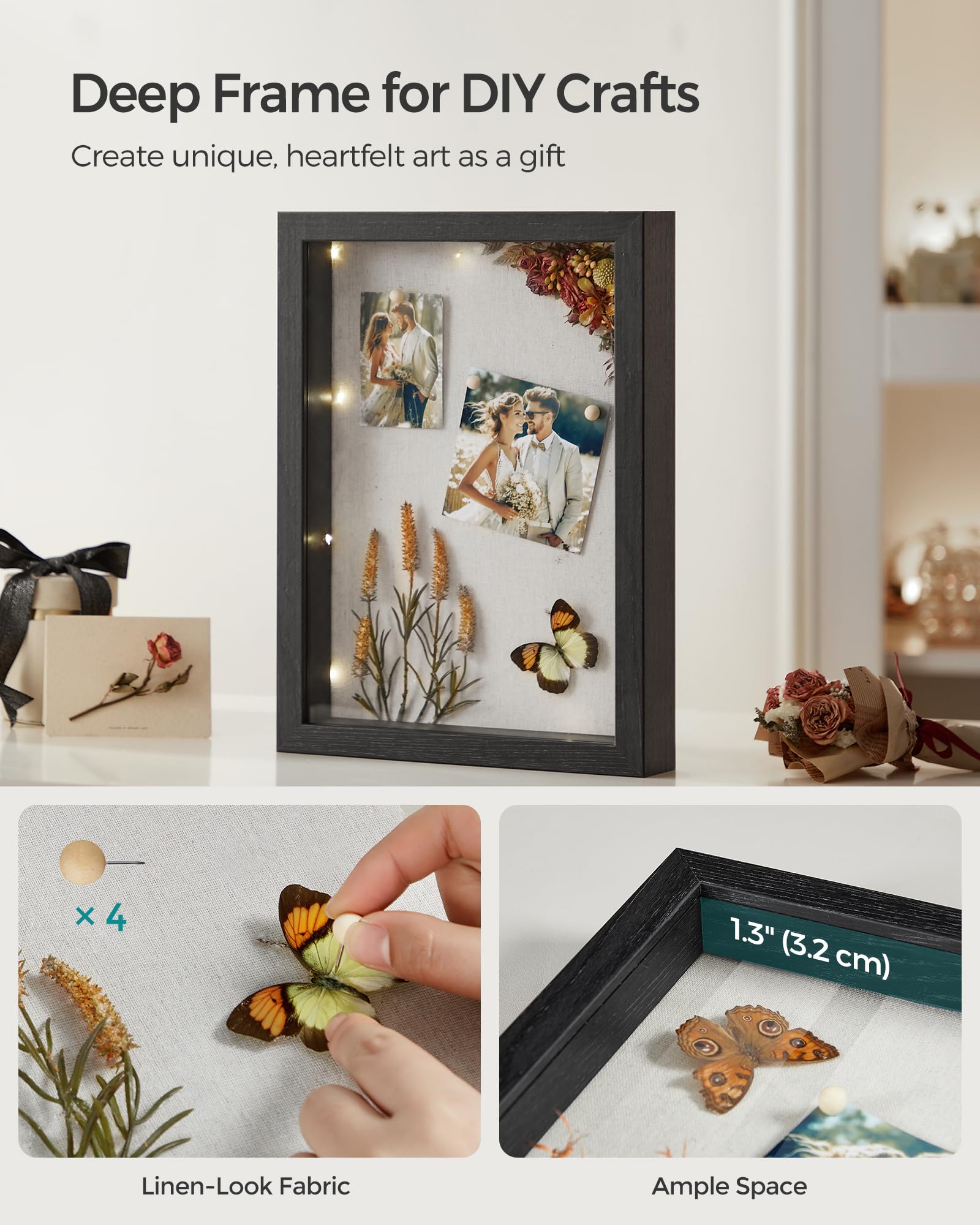 SONGMICS Shadow Box Frame, 1.3-Inch Deep Memory Display Case For Desk ...