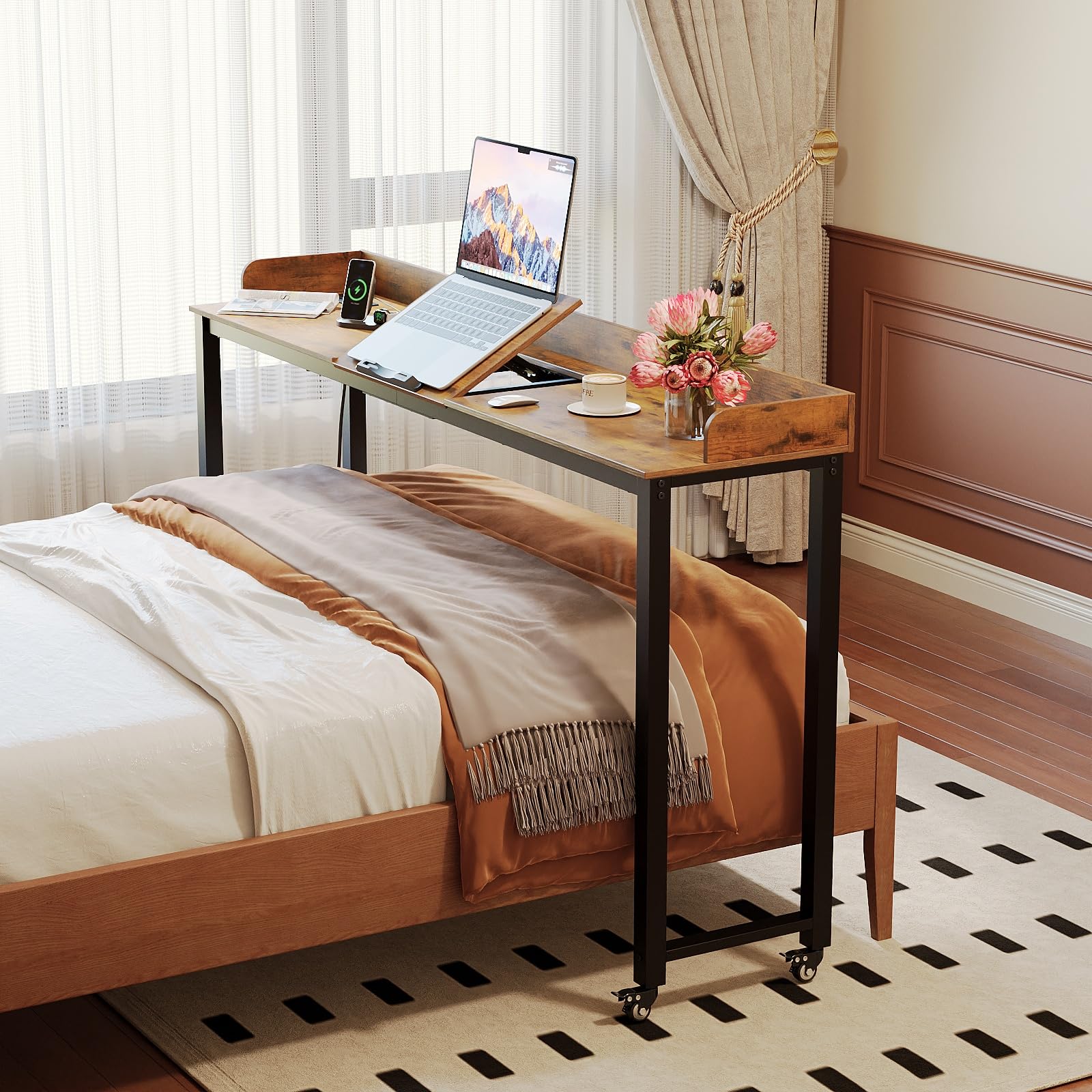 GiftGo Overbed Table with Wheels Portable Rolling Queen Size Mobile Bed ...