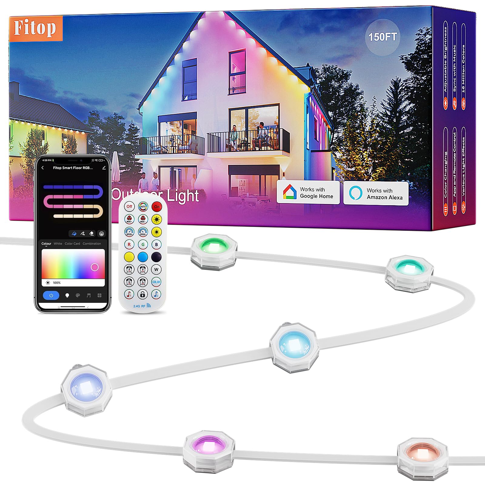 Fitop Permanent Outdoor Lights, 150ft Smart RGB Outdoor Lights, Works ...