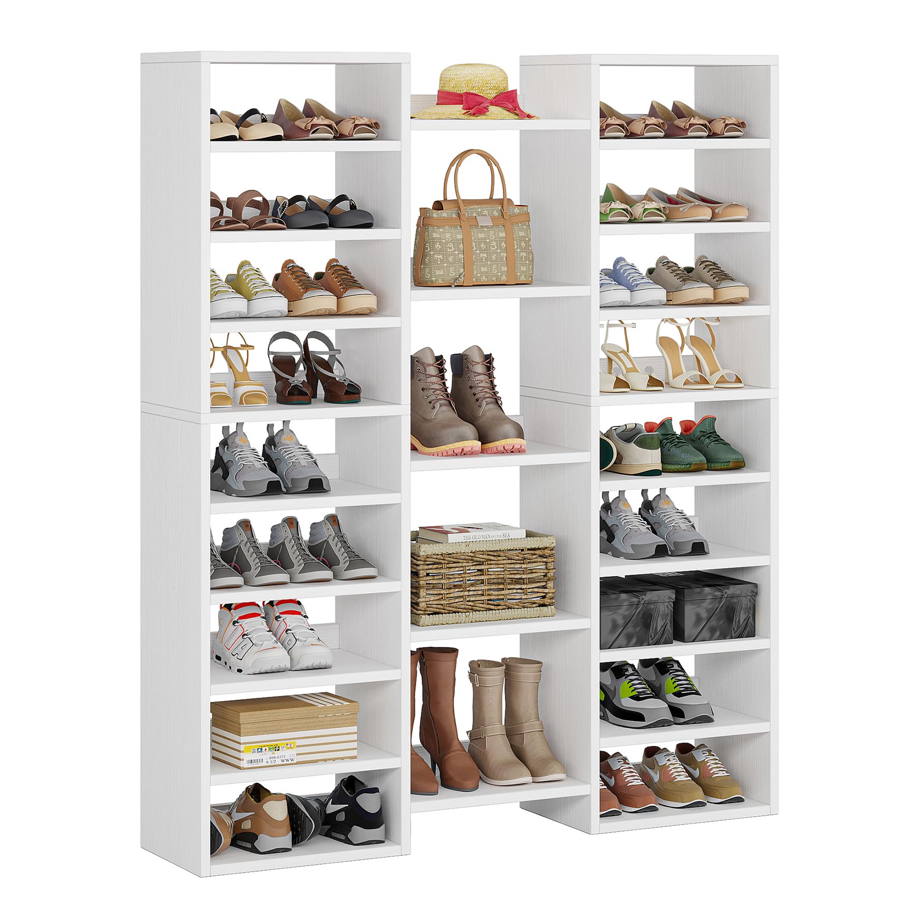 LITTLE TREE Shoe Rack, 14 Tier Shoe Storage Cabinet 46 Pair Wooden Shoe ...