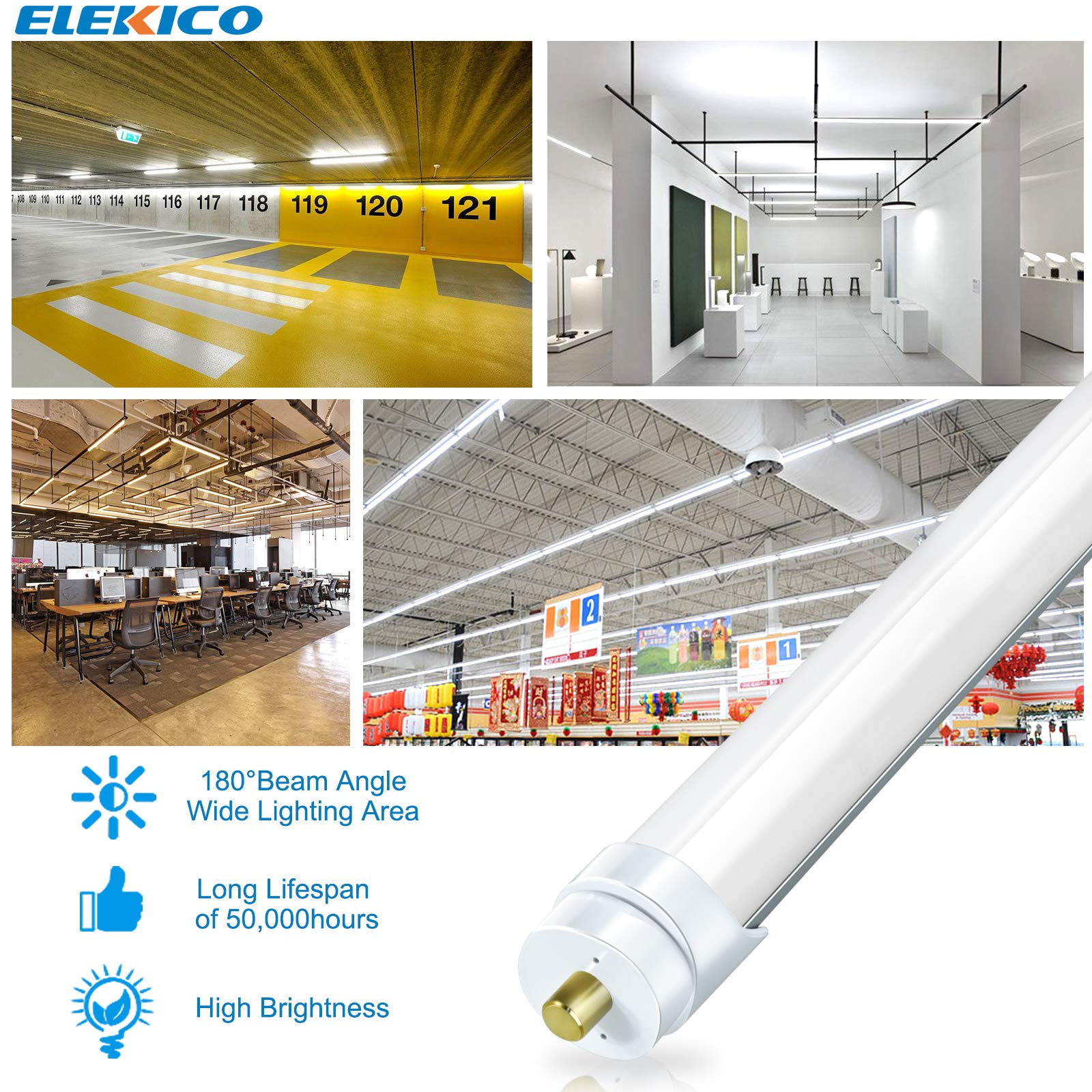 ELEKICO 8FT Led Shop Light, Super Bright Double Row 72W 5000K 9000LM T8 ...