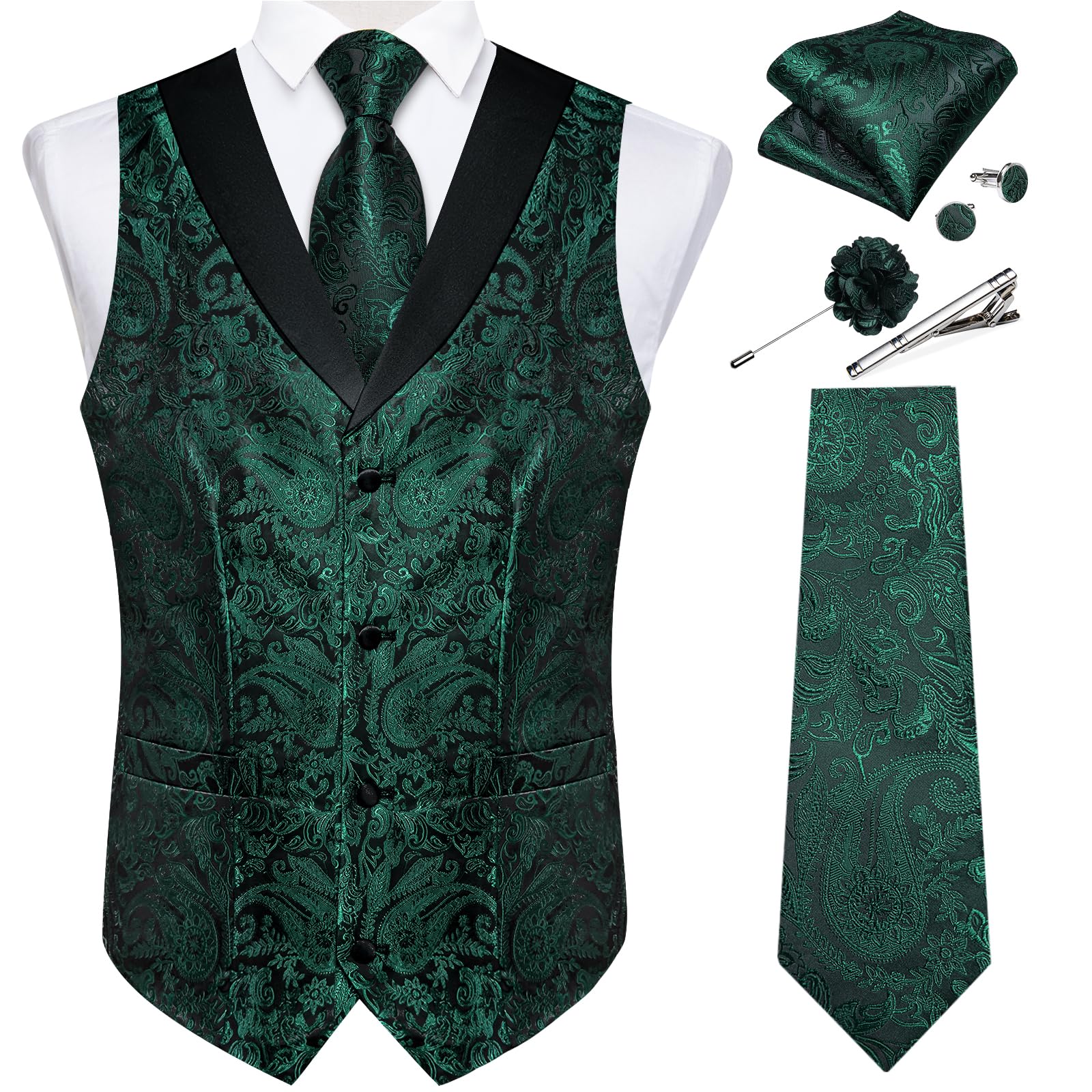 DiBanGu Mens Paisley Suit Vest Silk Jacquard Waistcoat and Necktie Set ...