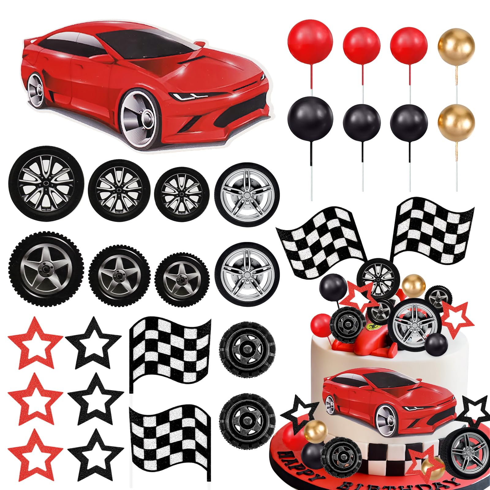 MEMOVAN Racing Wheel Cake Topper 27PCS Race Car Cake Toppers Tyre Cake ...