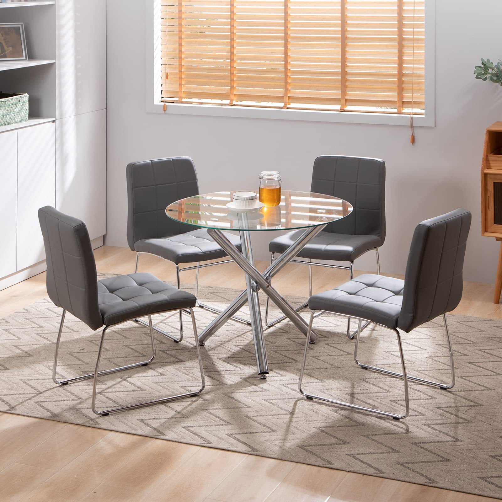SICOTAS Round Dining Table Set For 4 - Glass Top Kitchen Table And Faux ...