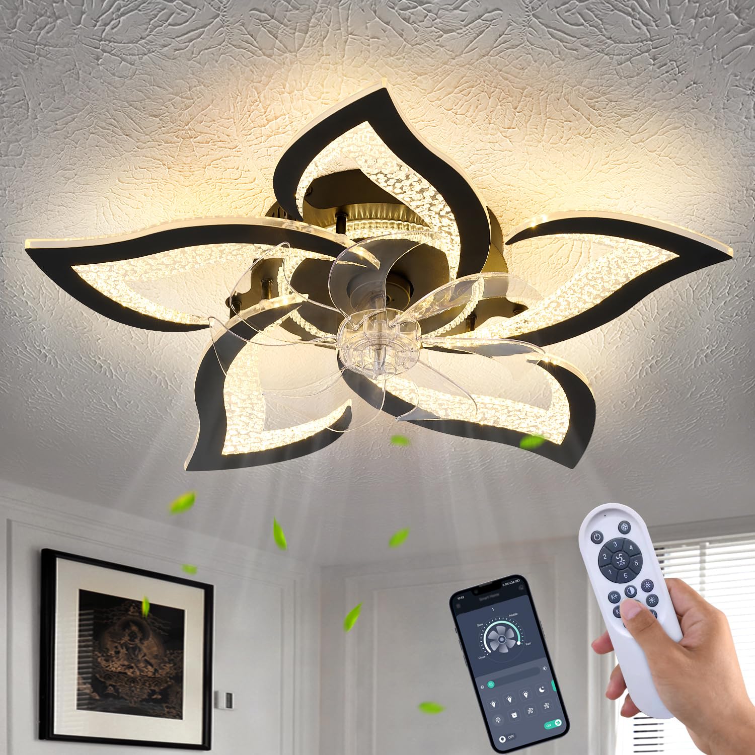 haodengshi Geometric Ceiling Fan with Lights, 27" Black Ceiling Fan ...