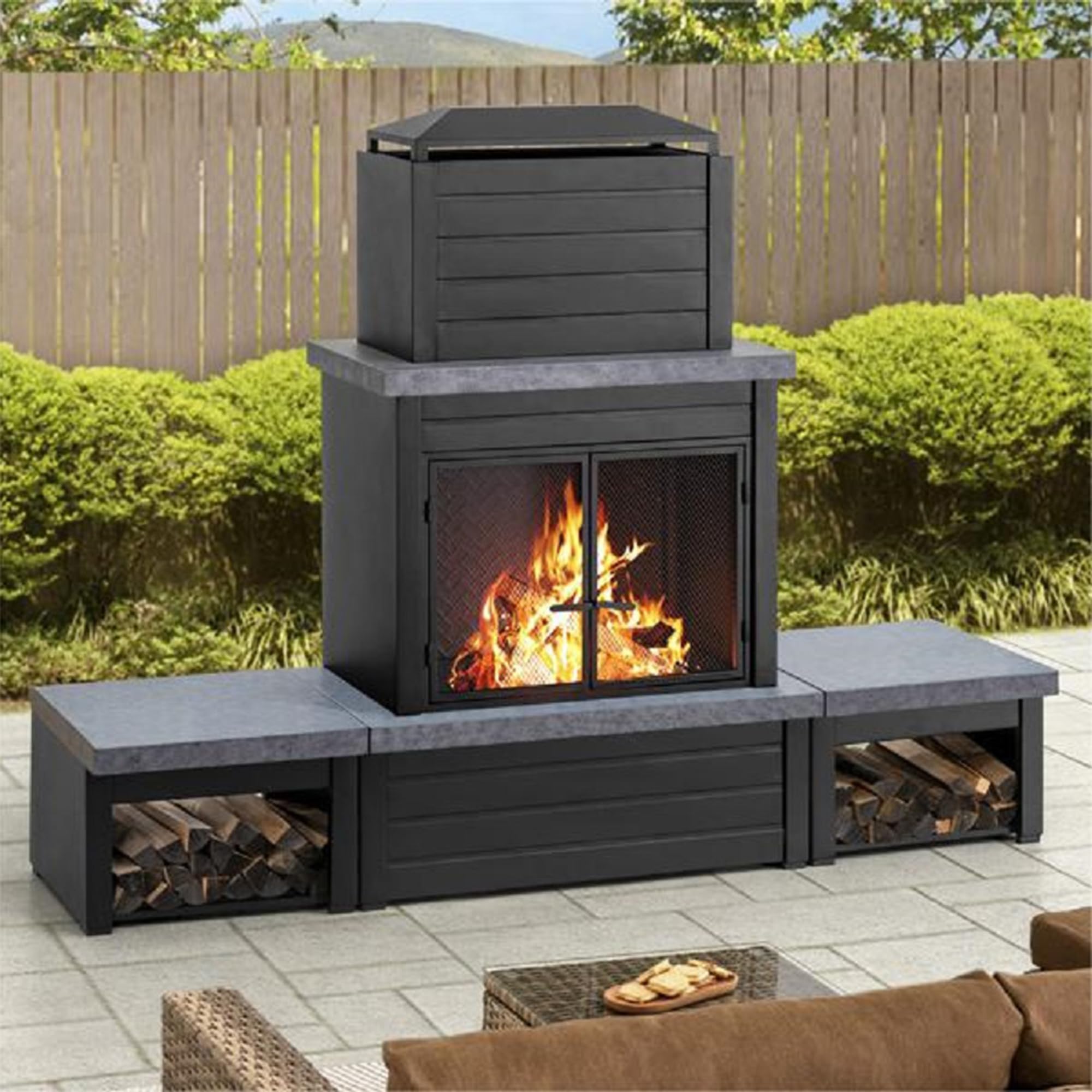 Sunjoy Outdoor Fireplace with Wood Storage and Chimney, Steel Metal ...