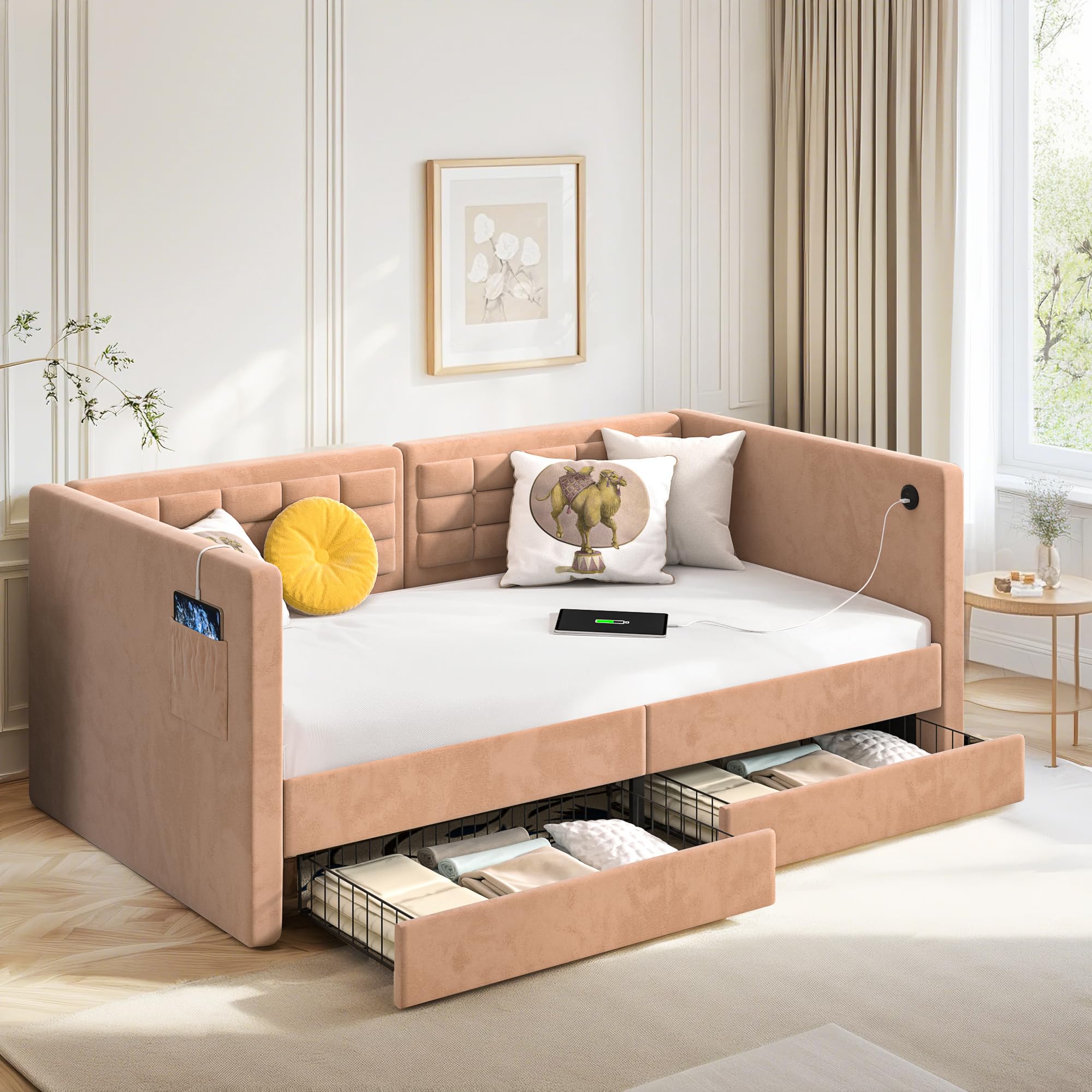 VECELO Twin Daybed with Storage Drawers, Upholstered Day Bed with ...