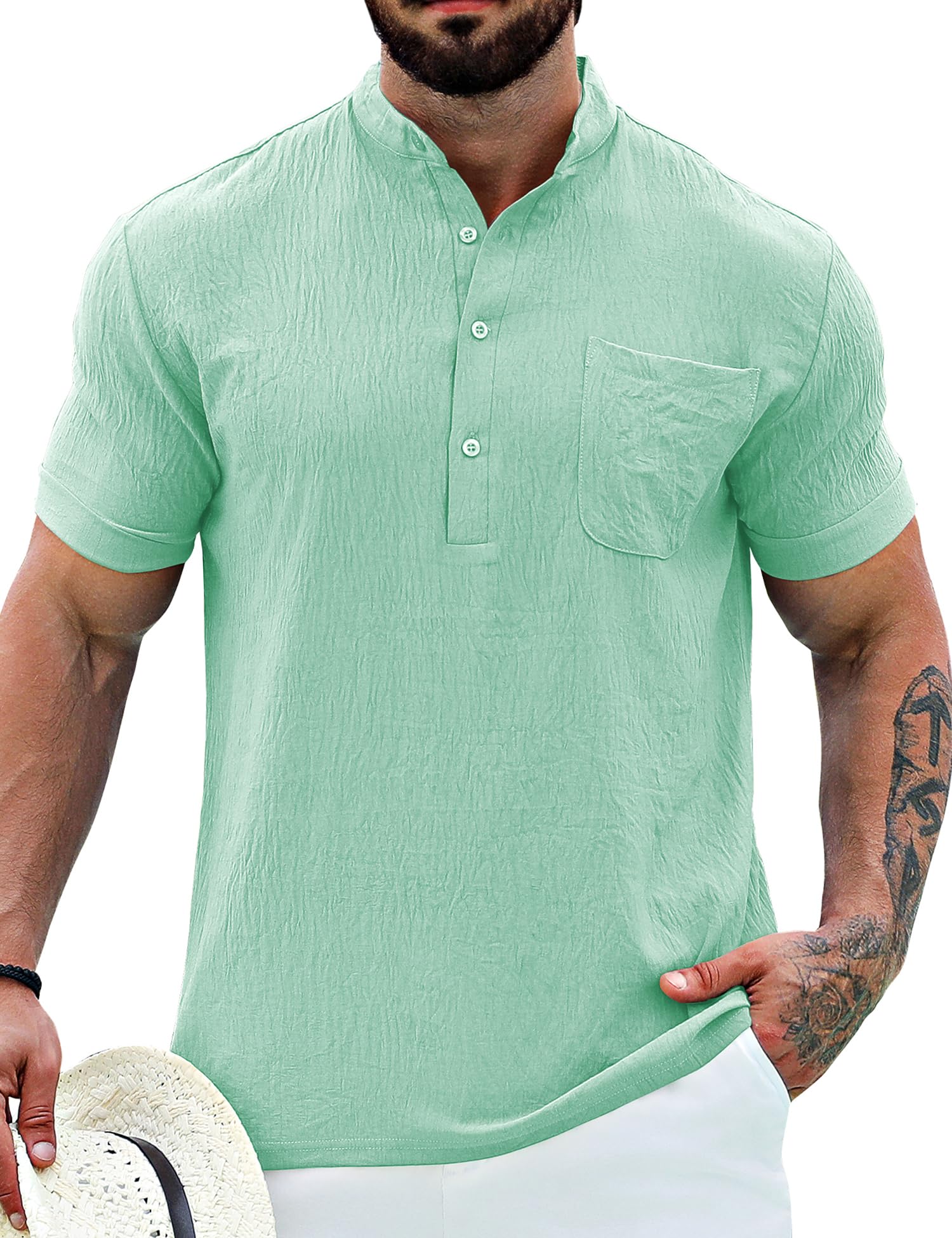 URRU Men's Casual Henley Shirt Band Collar Short Sleeve Shirt Summer ...