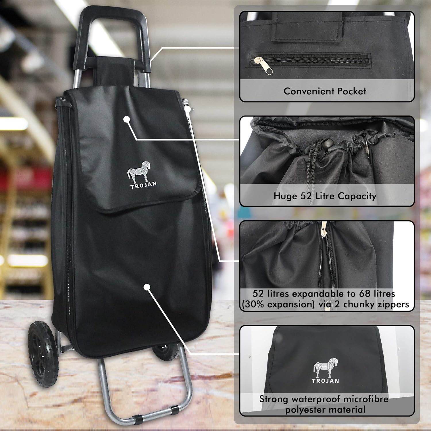 TROJAN Shopping Trolley – Folding, Expander Shopping Trolleys with Detachable Bag – Shopping ...