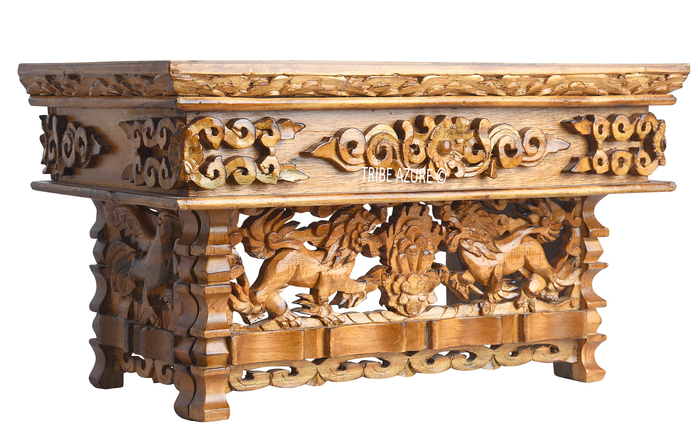 Tribe Azure Fair Trade Small Snow Lion Altar Table, Hand Carved Wooden ...