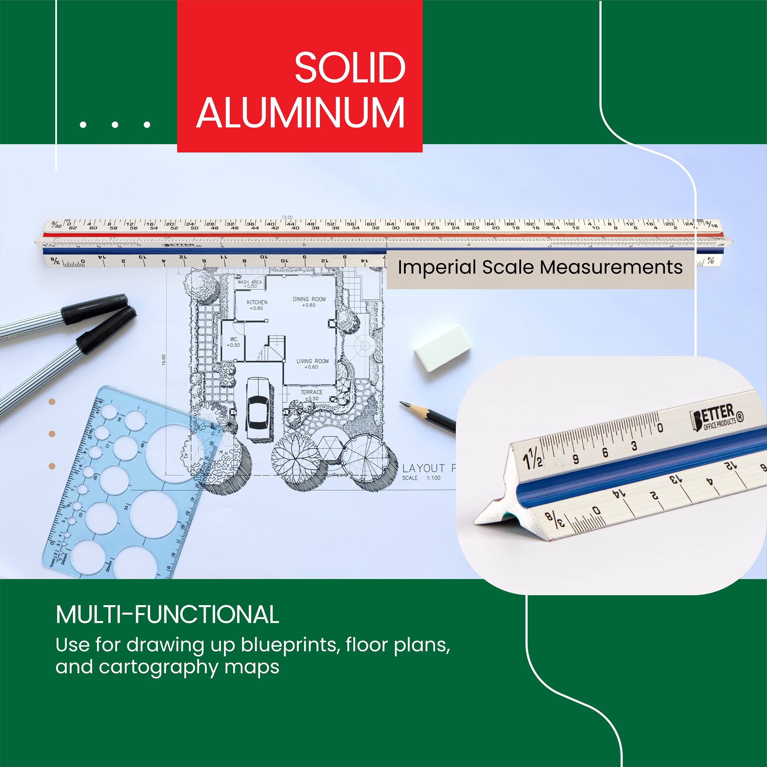 Mua Better Office Products Triangular Ruler, 12 inch Metal Ruler ...