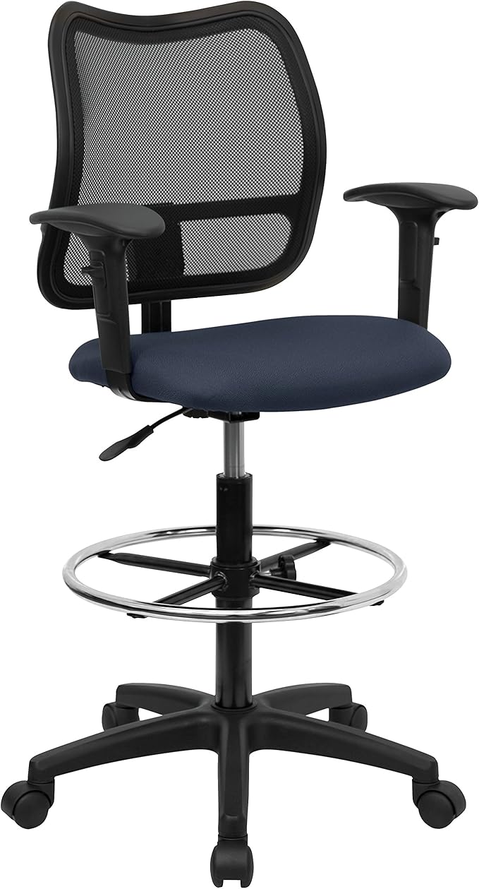 Amazon.com: Mid-Back Mesh Drafting Stool with Navy Blue Fabric Seat and ...