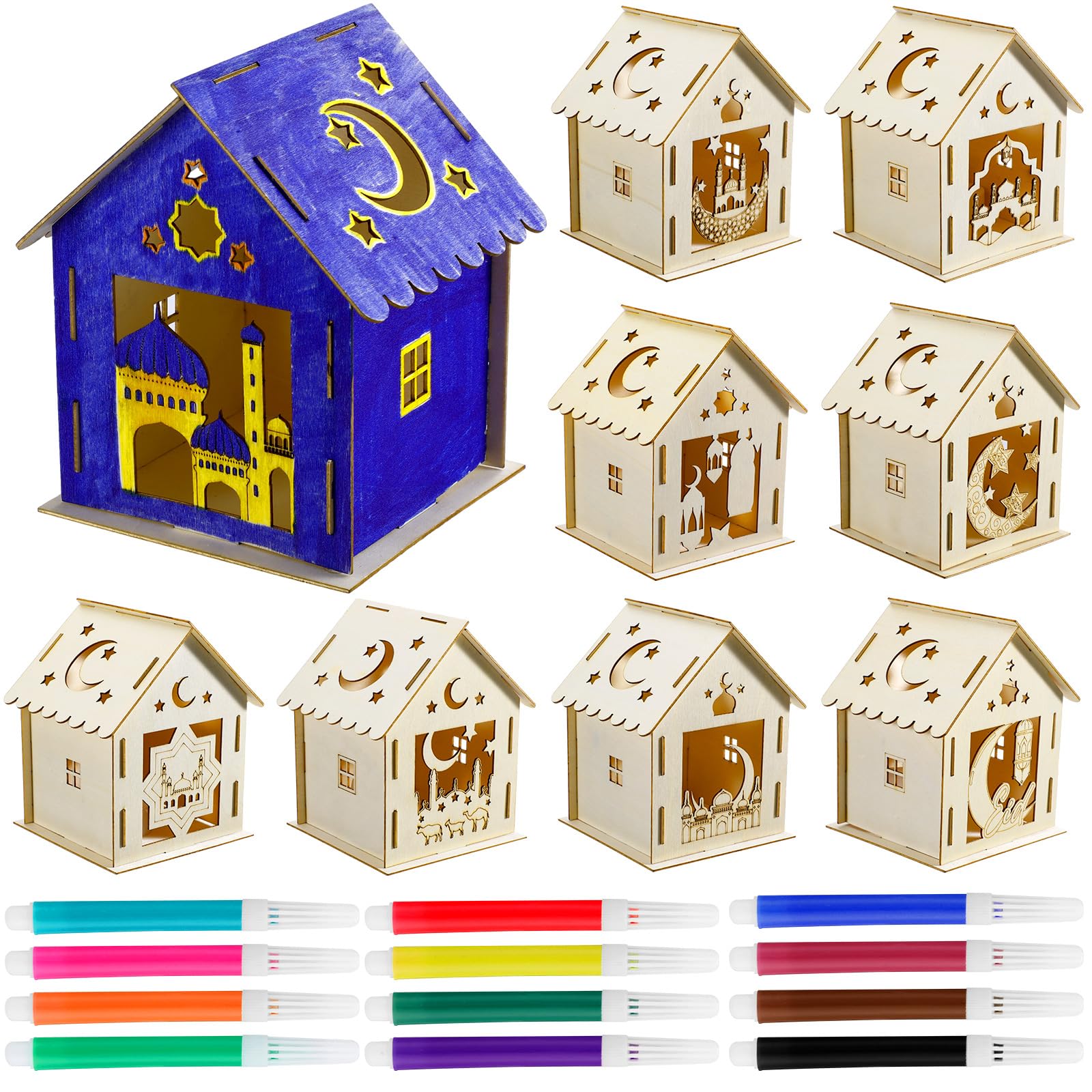 Wenqik 9 Pcs Eid Mubarak Wooden House with 12 Watercolor Pens DIY ...