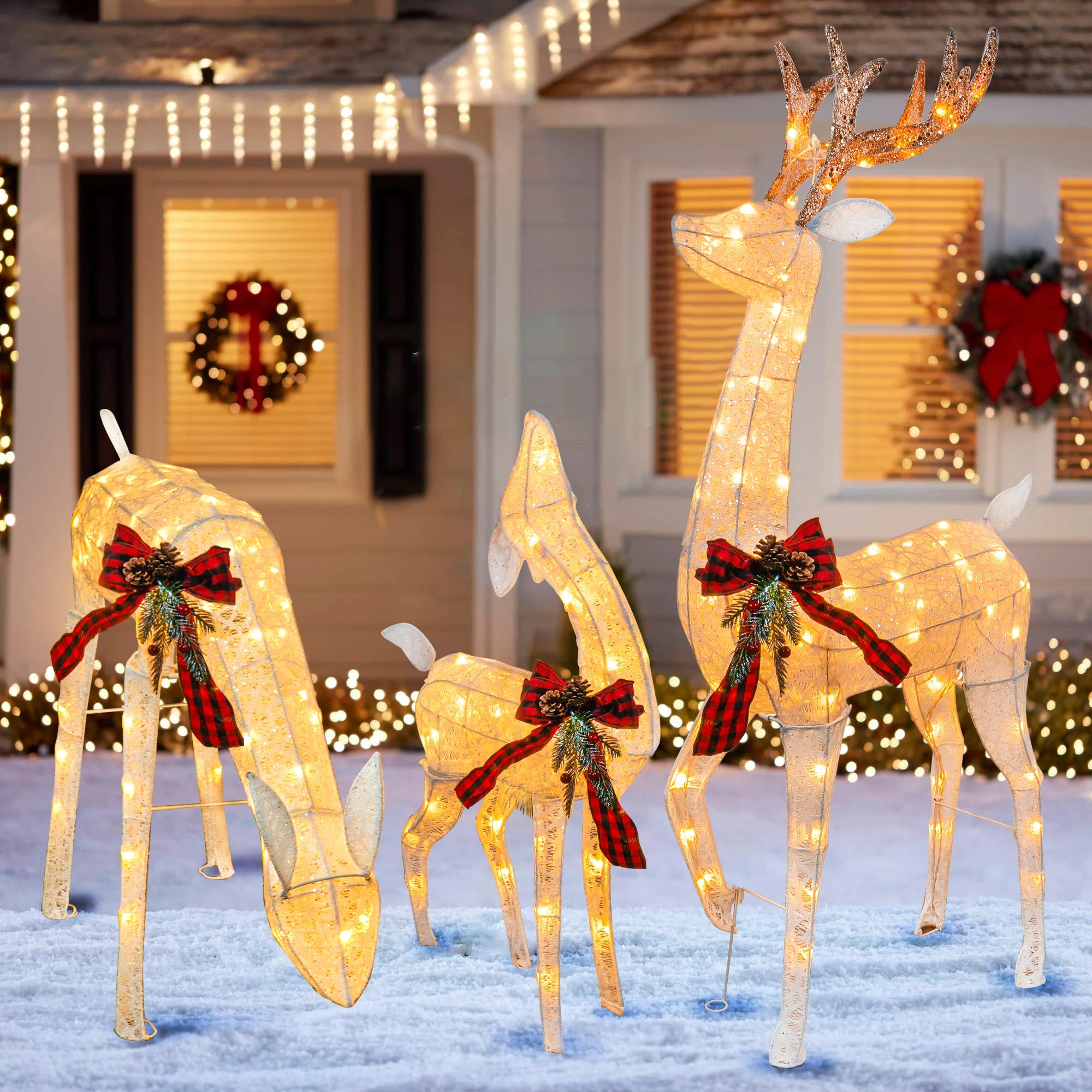Hourleey 3-Piece Pre-Lit Christmas Reindeer Family Set, 3D Plug in 170 ...