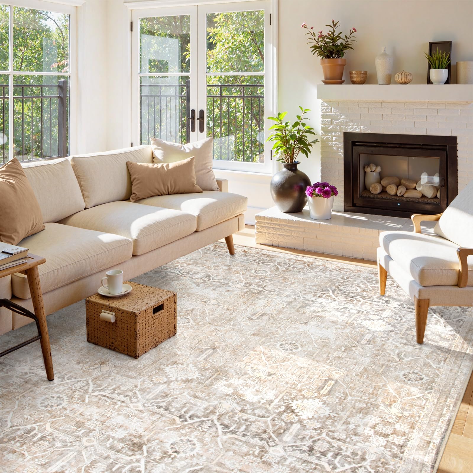 Collive Large Area Rug for Living Room 9x12, Neutral Boho Washable Area ...