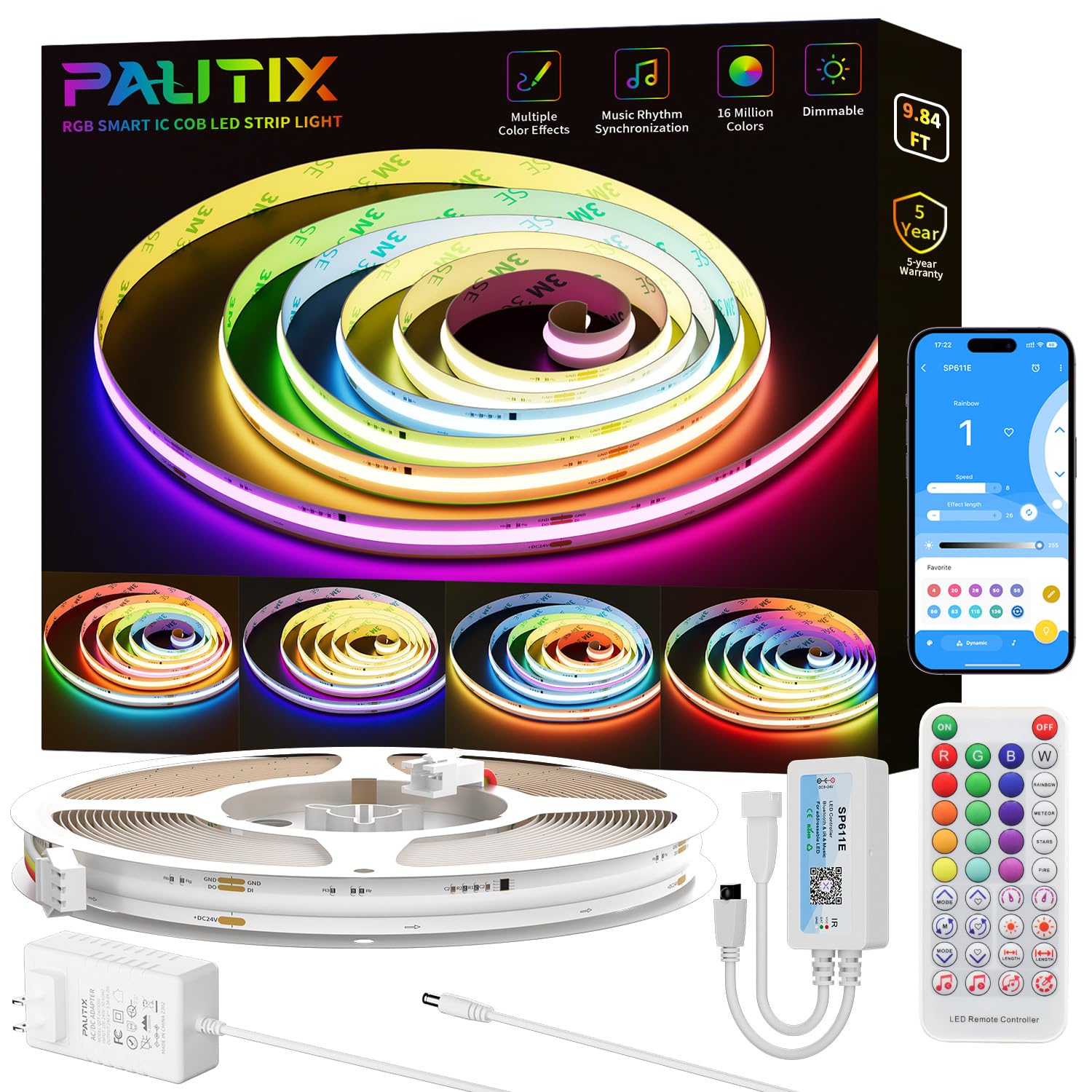 PAUTIX RGB Smart IC COB LED Strip Light Addressable 9.84ft/3m,UL-Listed ...