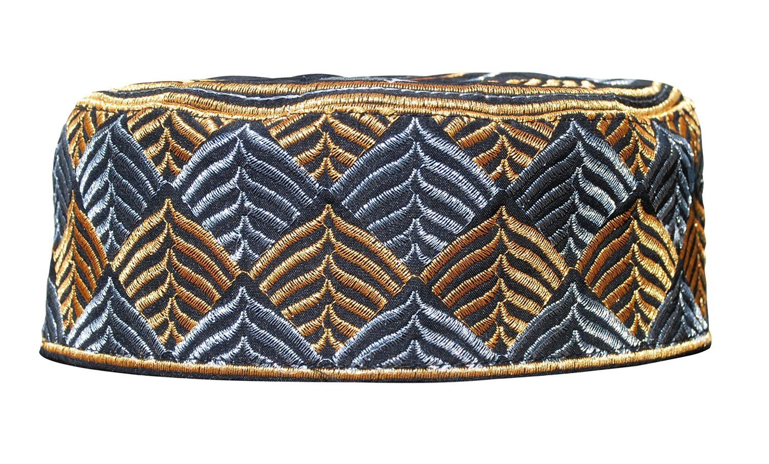 Buy Black Metallic Silver & Gold Embroidered Semi-Rigid African Kufi ...