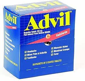Advil 40933 Ibuprofen, 50 Packets of 2, Pain Reliever Fever Reducer ...