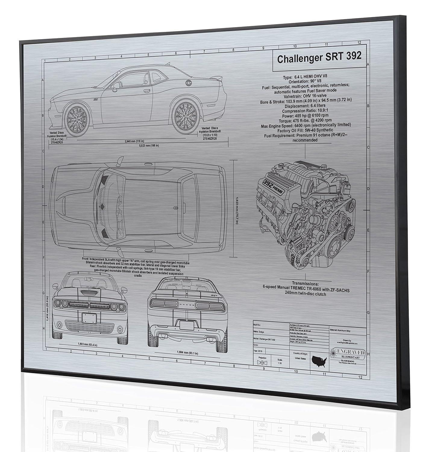 Amazon.com: Dodge Challenger SRT 392 Blueprint Artwork-Laser Marked ...