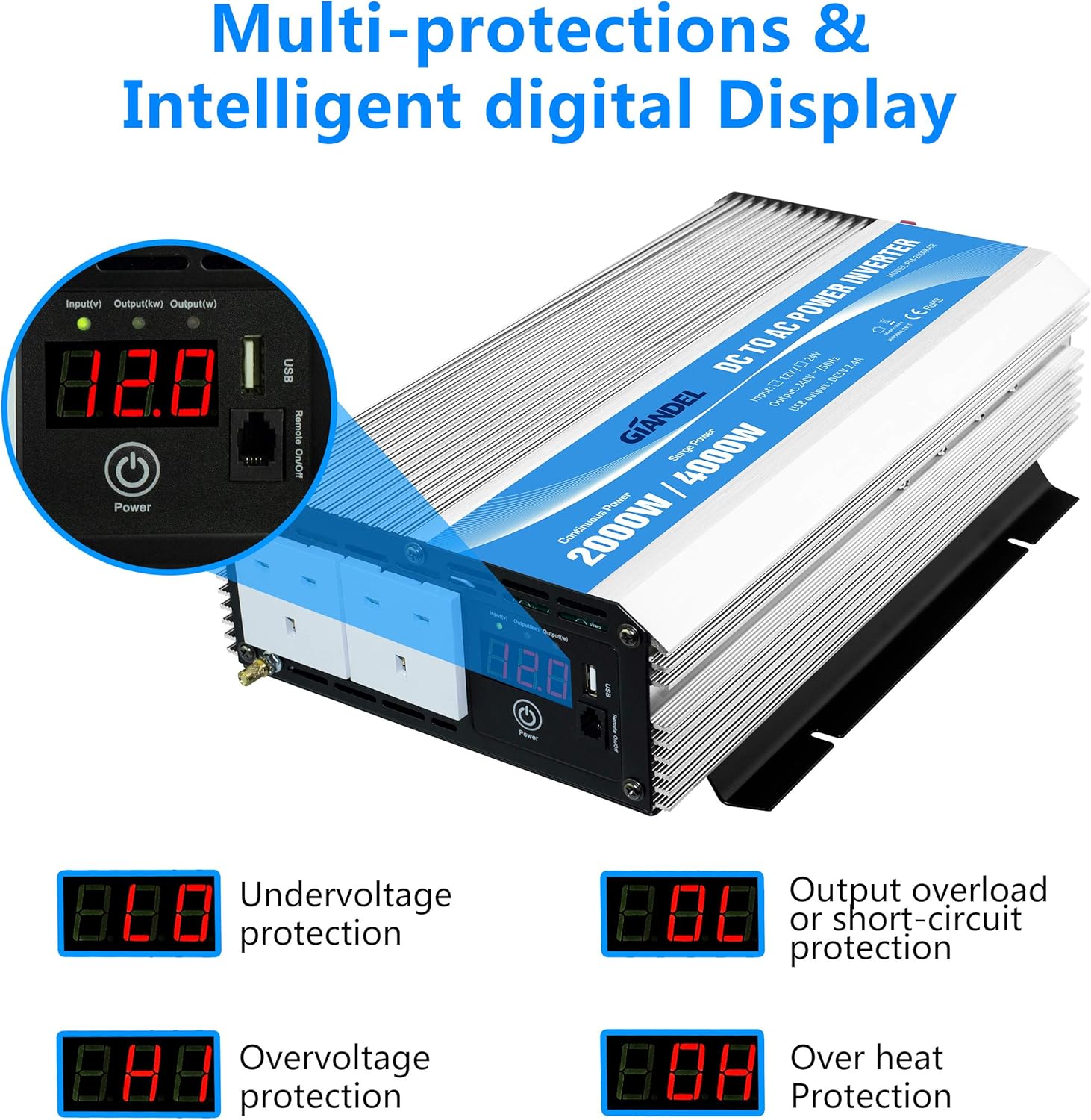 Power Inverter 2000W DC 12V to AC 240V 230V Modified Sine Wave ...