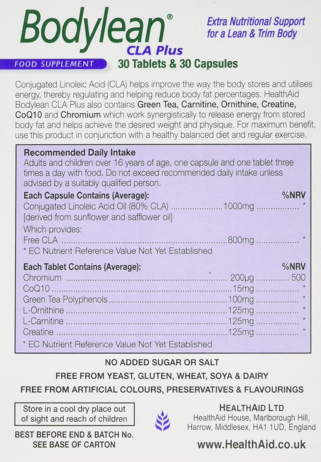 HealthAid Bodylean CLA Plus – (Conjugated Linoleic Acid, Co Q10, Green ...