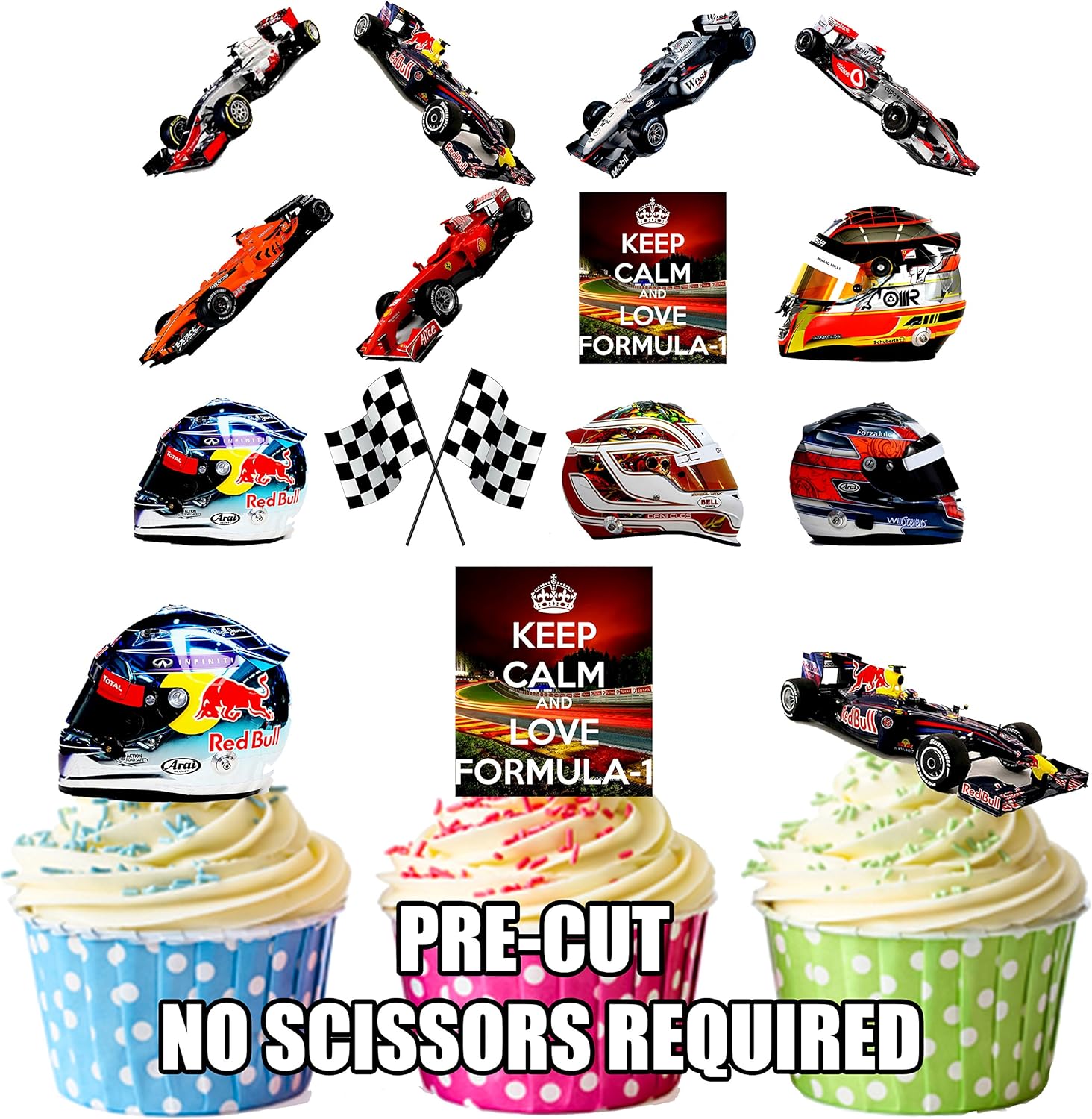 PRE-Cut Formula 1 Party Pack - Edible Cupcake Toppers/Cake Decorations ...
